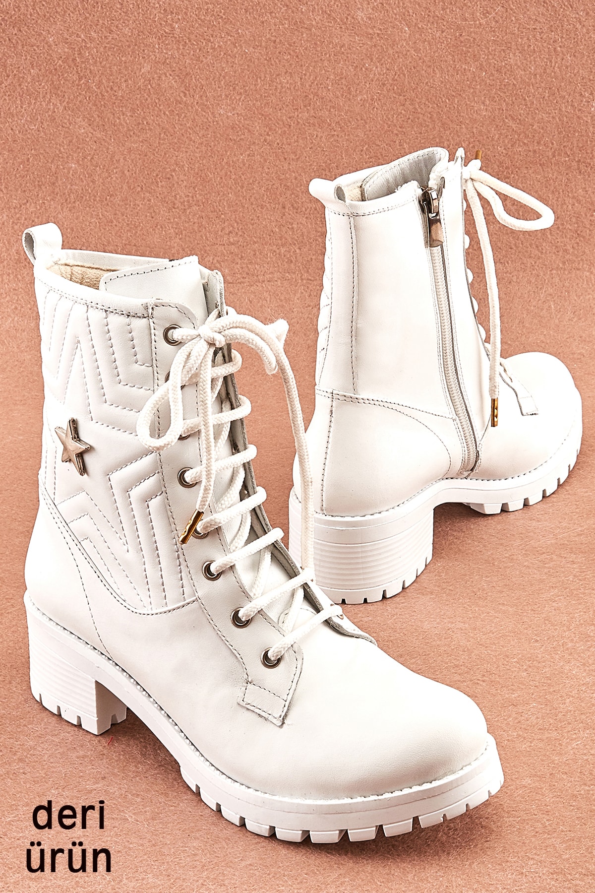 Bambi Hakiki Deri Kadın Beyaz Bot