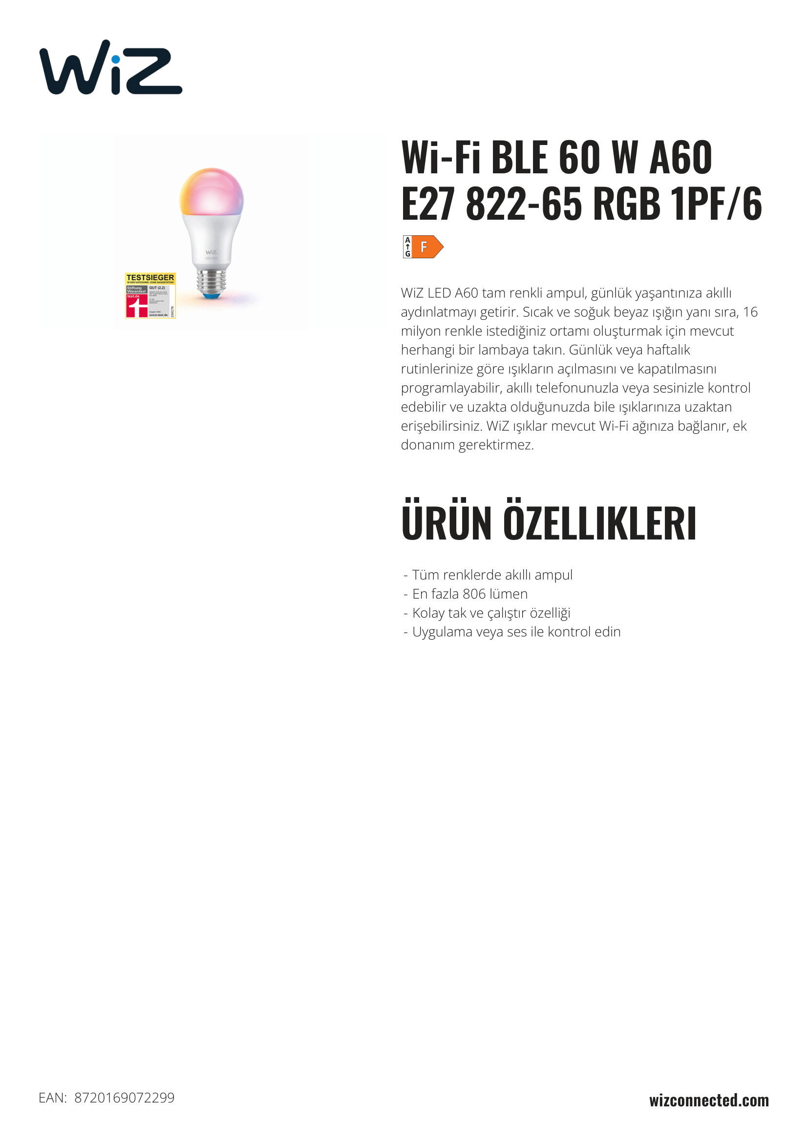 Wiz 60W Renkli Ambiyans E27 Akıllı Ampul (A60) Matter, Google Home, Alexa Uyumlu - Fiyatı, Yorumları