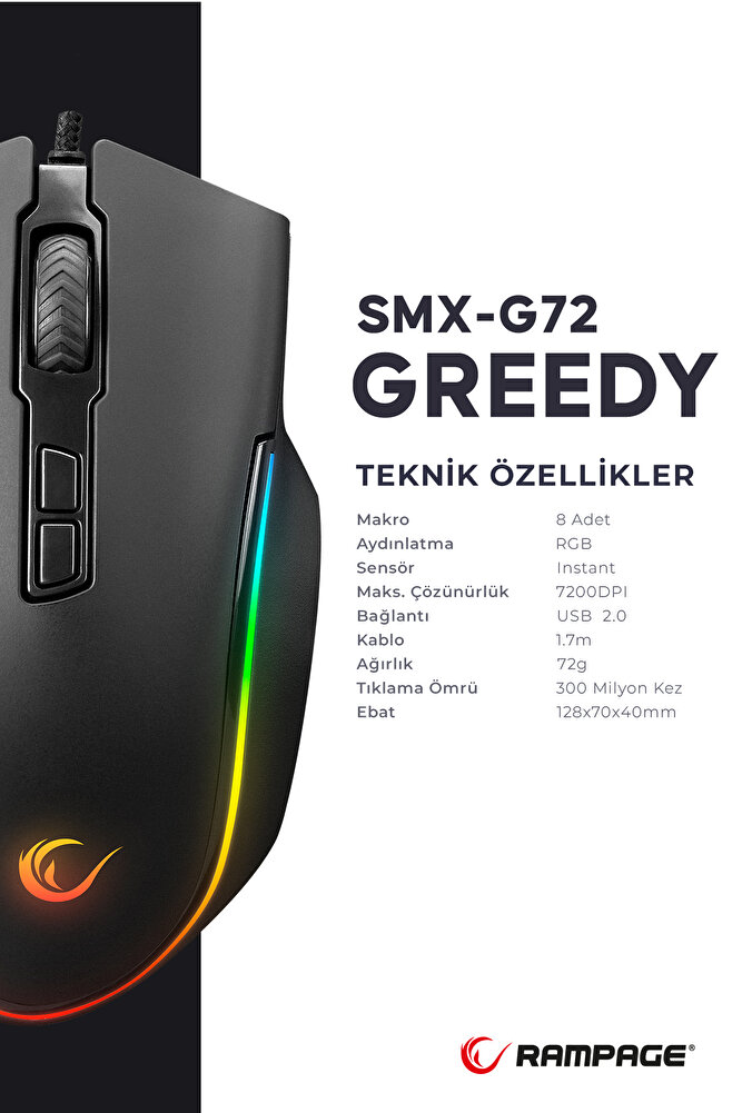Smx-g72 Greedy Drag Click 8 Tuşlu Rgb Ledli Makrolu 7200dpı Gaming ...