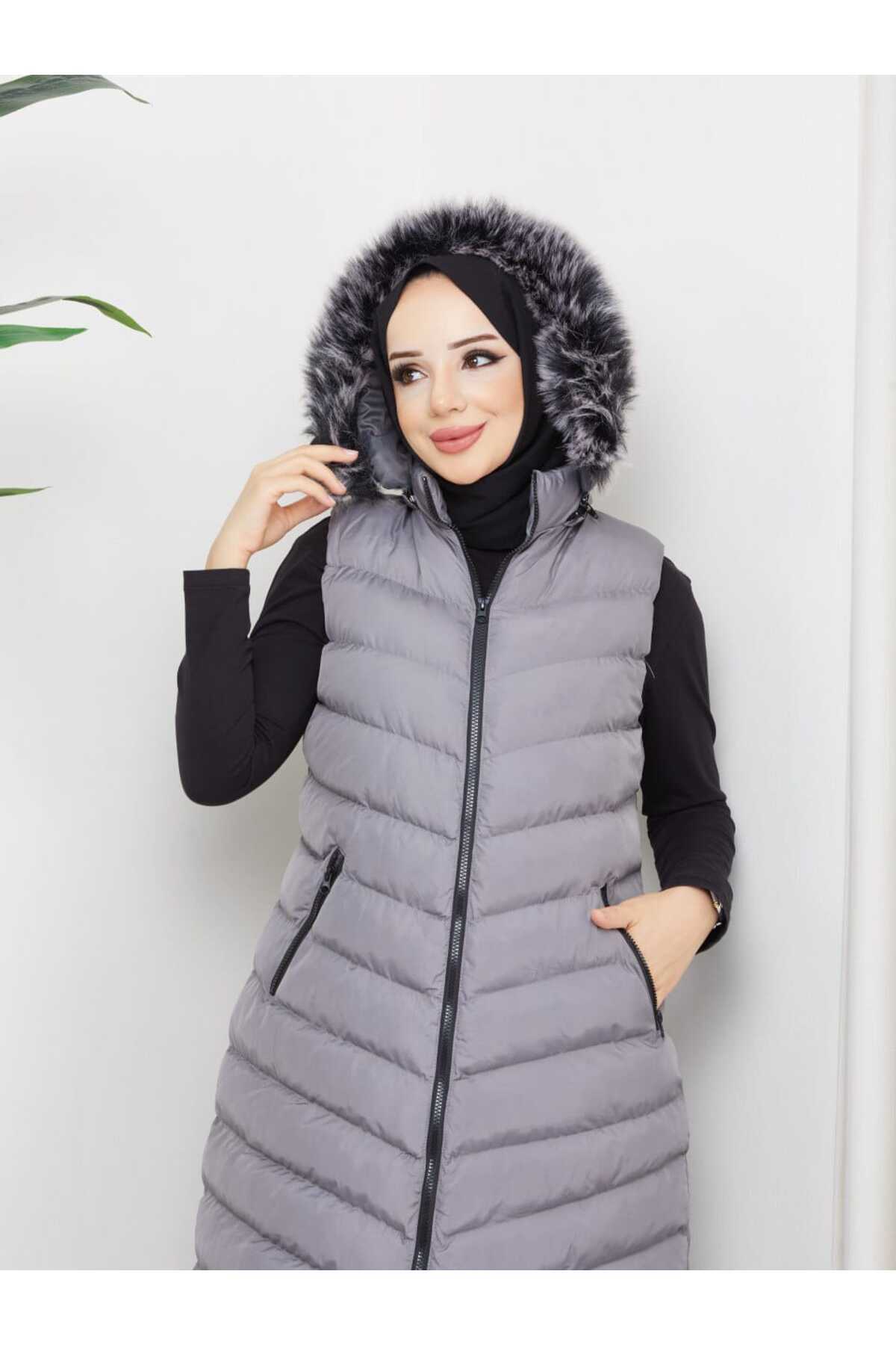 KMKkombin KMK KOMBİN KADIN UZUN ÖNÜ FERMUARLI KAPİŞONLU ŞİŞME YELEK - Fiyatı, Yorumları