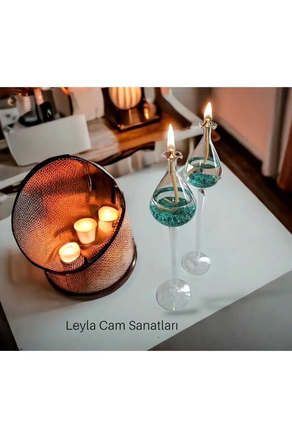 LEYLA CAM SANATLARI CAM ÜFLEME KANDİL 2 Lİ DÜZ AYAK MODEL (turkuaz) 24 ...