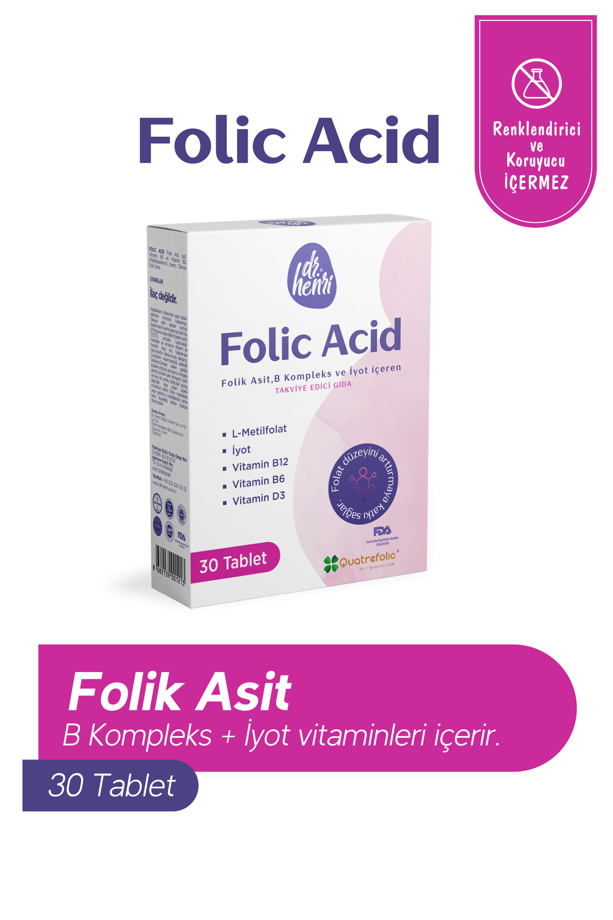 Dr.Henri Folic Acid 30 Kapsül Iyot, Vitamin B6 Ve B12 (metilkobalamin ...