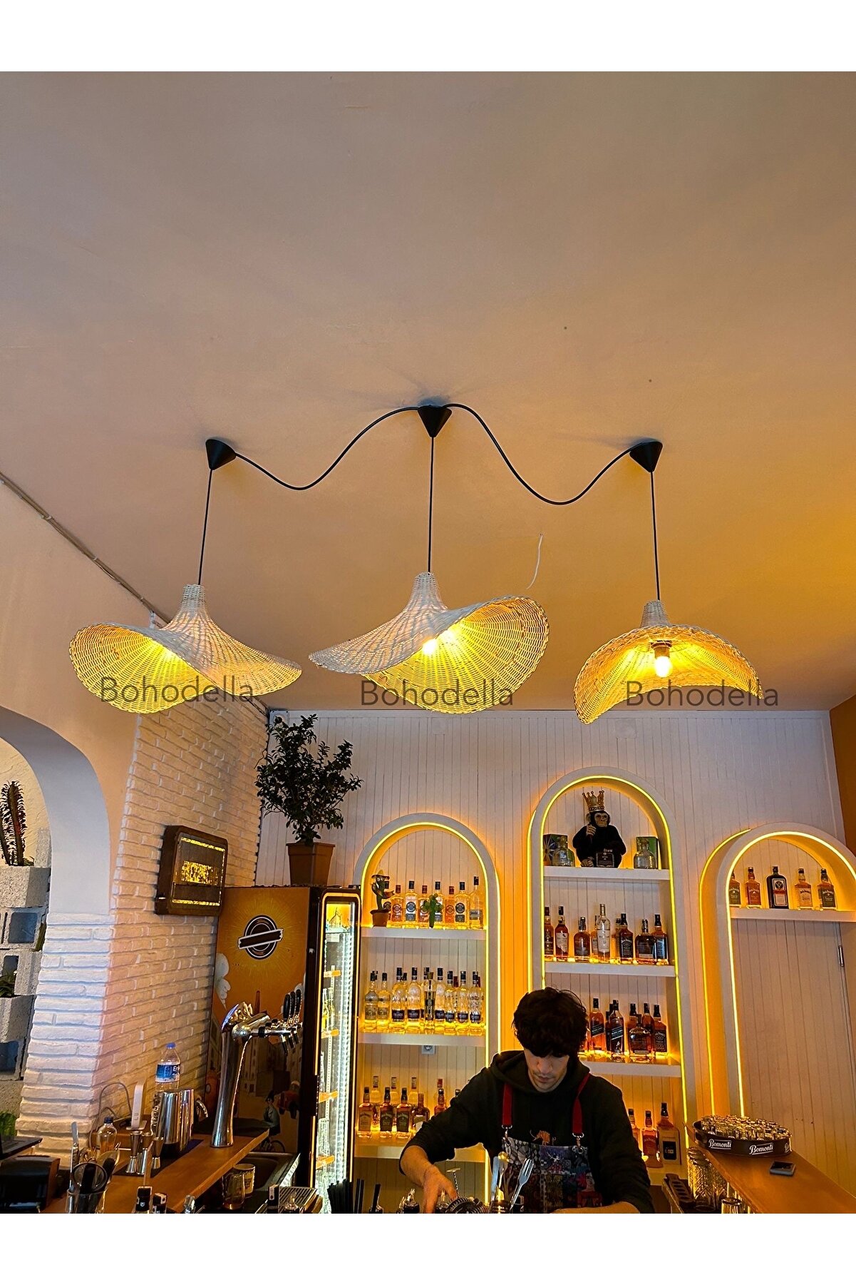 Bohodella (1 ADET) 60 Cm Rattan Bambu Hasır Avize, Şapka Model Avize ...