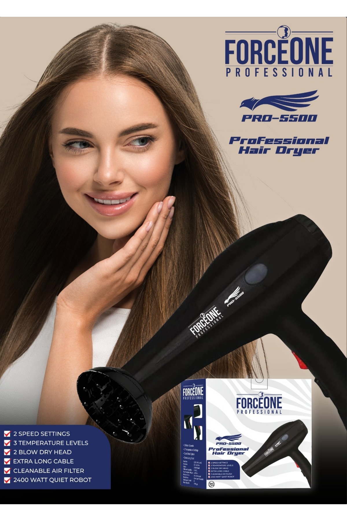 FORCEONE PRO 5500 TURBO PROFESYONEL FÖN MAKİNESİ 2400 WATT + VİGO ...