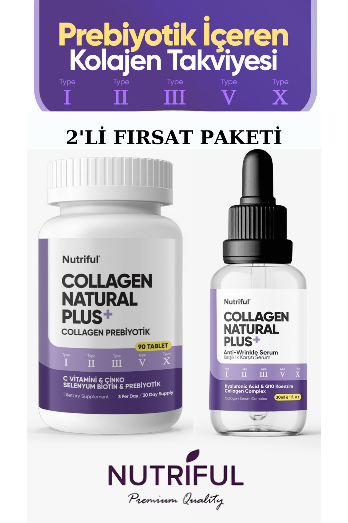 Nutriful Collagen 5 Tip Prebiyotik Tablet- Collagen Serum 2 Li - Fiyatı ...