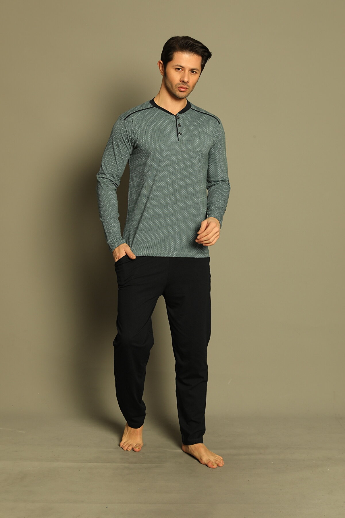 TUGSE Erkek Üstü Petrol Mavisi Altı Siyah Pitikare Uzun Kollu Yaka ...