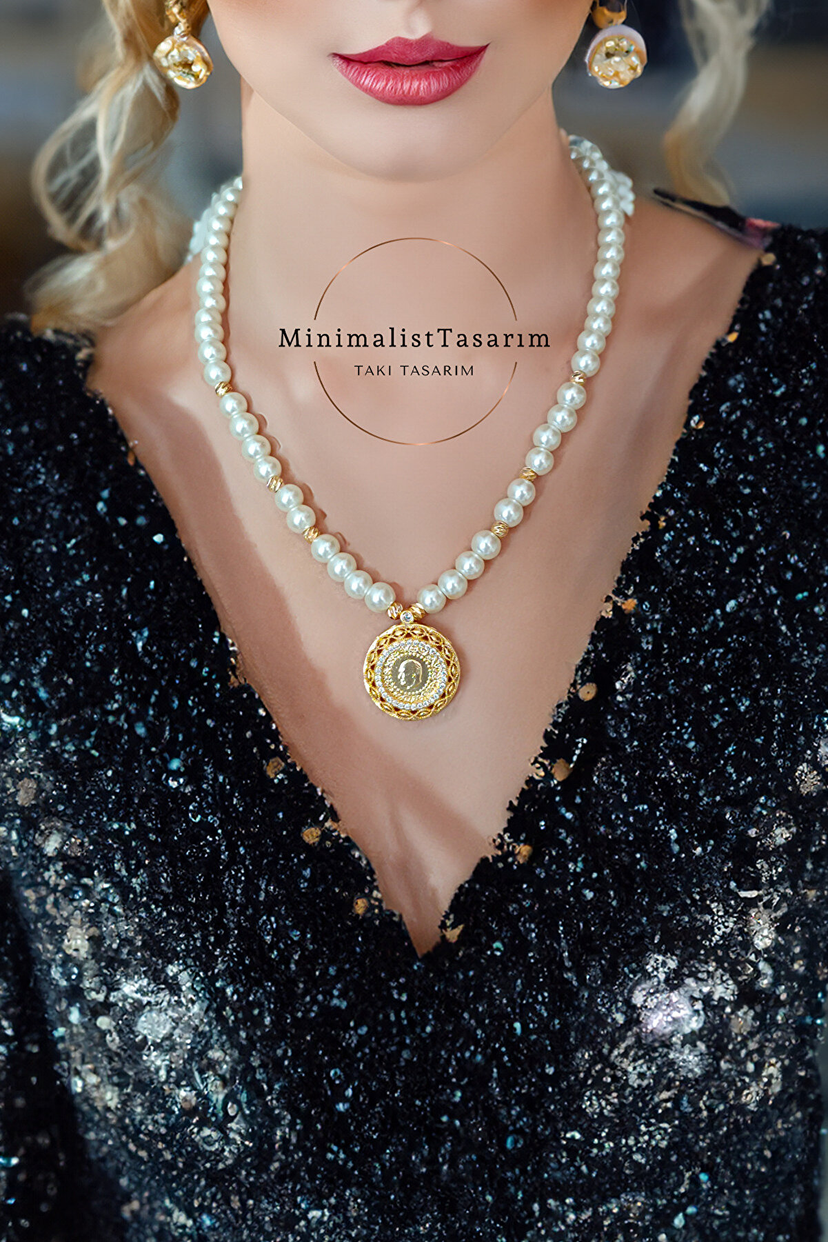 MinimalistTasarım Ceyrekli Kolye ,çeyrek Altın Kolye ,ceyrekli Inci ...