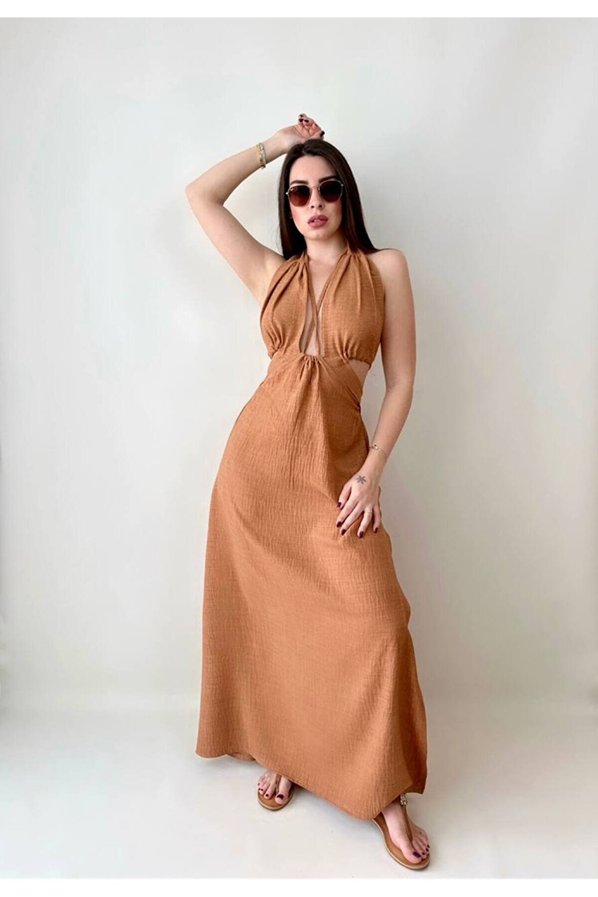 BENİMOLMALI Bohem Elbise Keten Kumaş Elbise Göğüs Dekolte Elbise ...