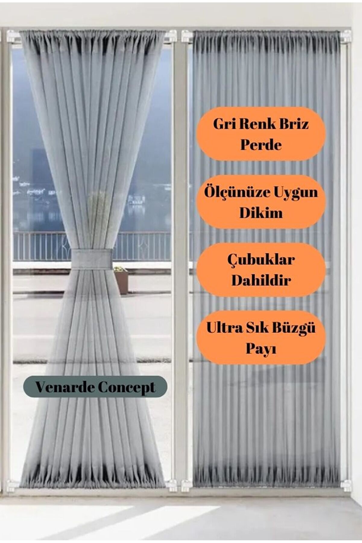 VENARDE CONCEPT Gri Renk Keten Tül Kelebek Perde, Briz Çubuklu Perde ...