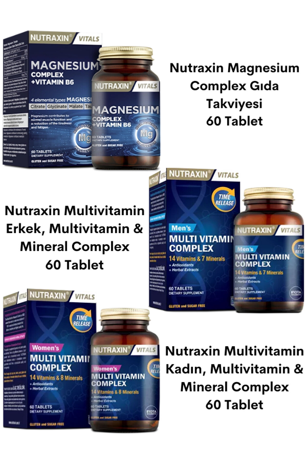 Nutraxin Magnezyum Complex 60 Tablet + Men's & Kadın Multivitamin Mineral Complex 60 Tablet - 3 ...