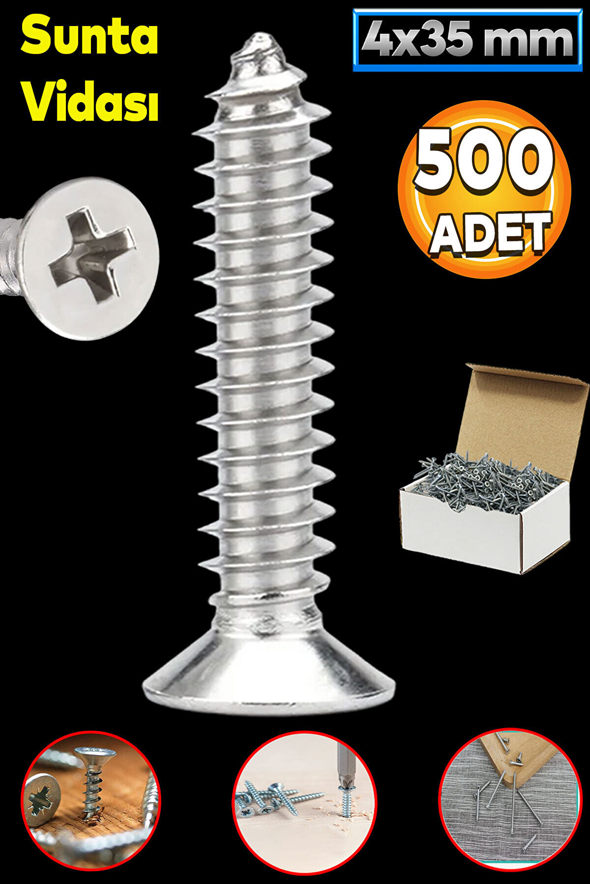 Badem10 Sunta Vidası 4x35 Mm Paket 500 Adet Sivri Uçlu Ahşap Tahta Ağaç ...