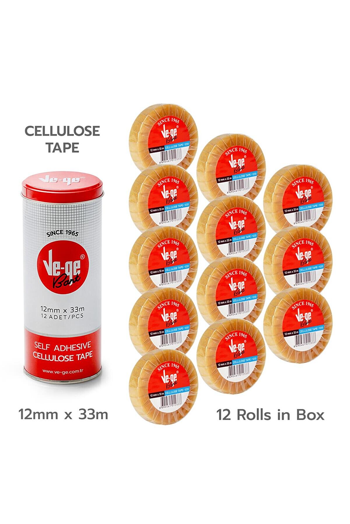 Ve-ge Vege 12x33 mt Selefon Bant(Cellulose Tape) 12 Adet Metal Tenekede ...