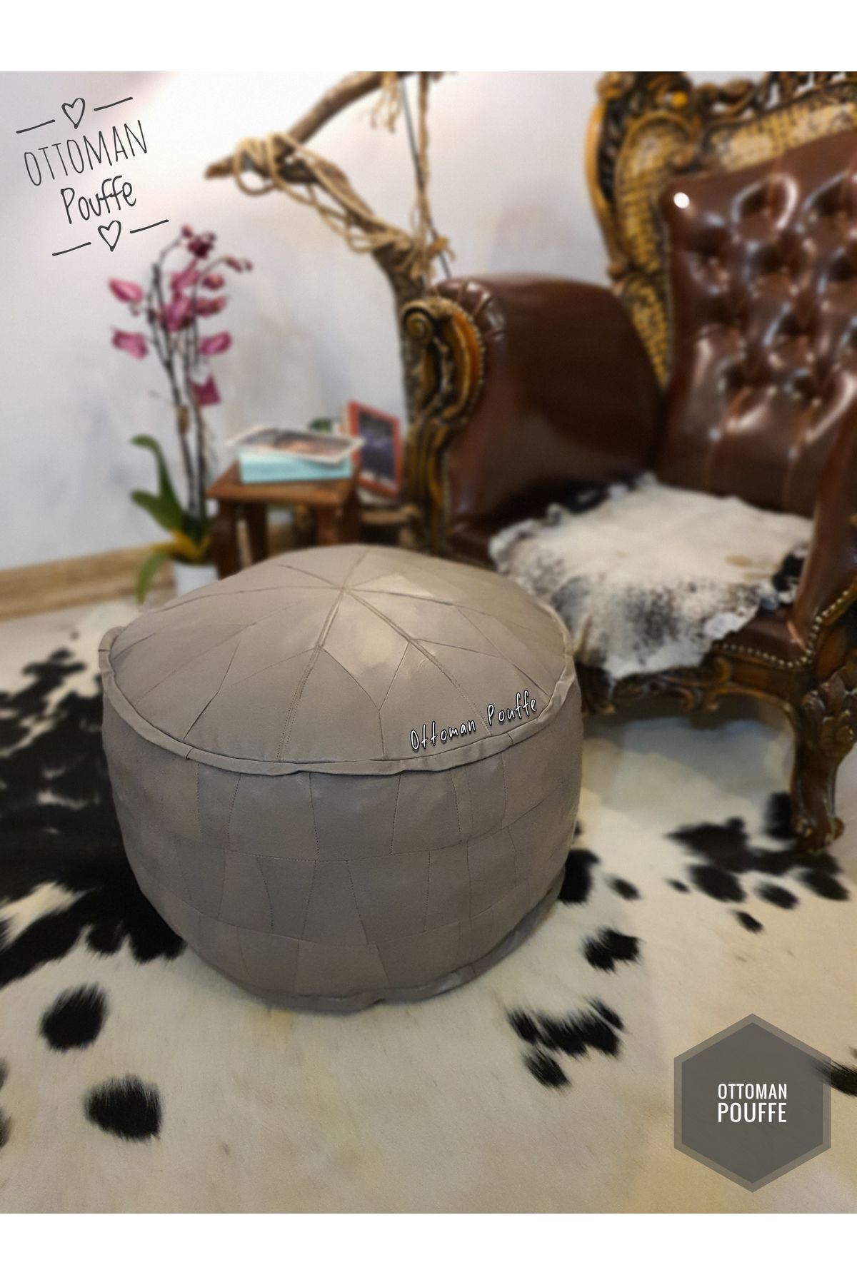 Ottoman Pouffe (DOLGULU) Iskandinav El Yapımı Hakiki Deri Orijinal ...