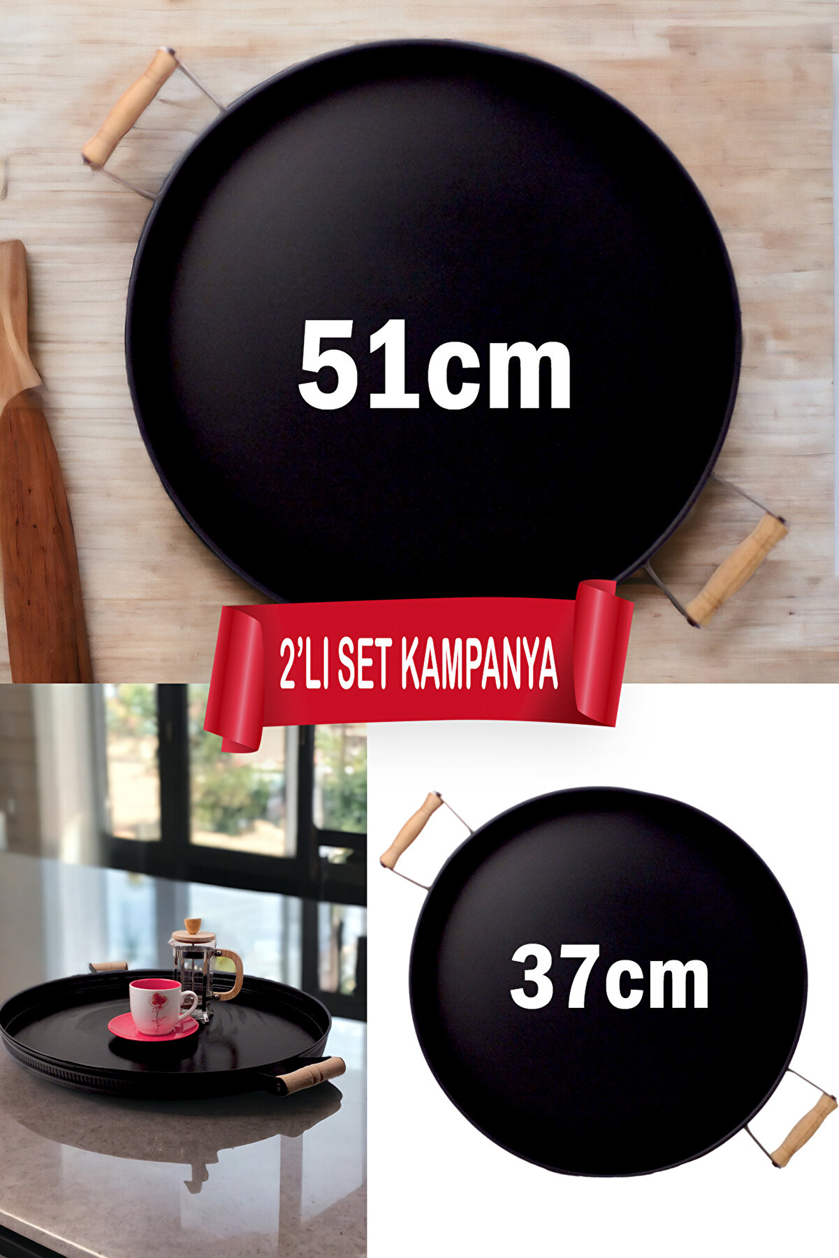 LUCKYHOMES 2'li Ahsap Saplı Yuvarlak Metal Sunum Tepsisi Siyah 51cm + 37cm, Metal Sunum Tepsisi ...