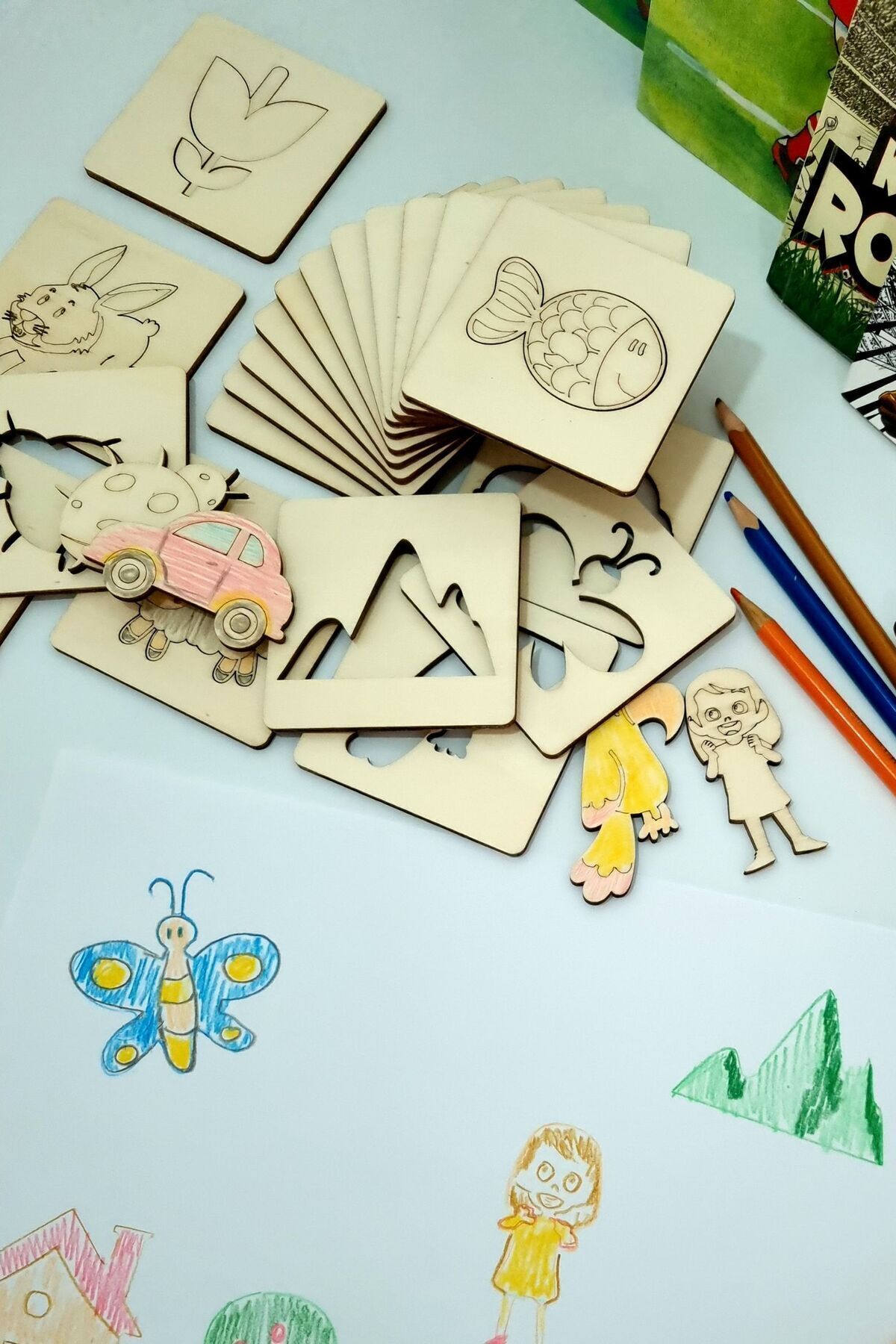 CLEVERTOYS Ahşap Çizim Şablon Seti, Çocuk Ahşap Boyama 10'luk Hobi Seti ...