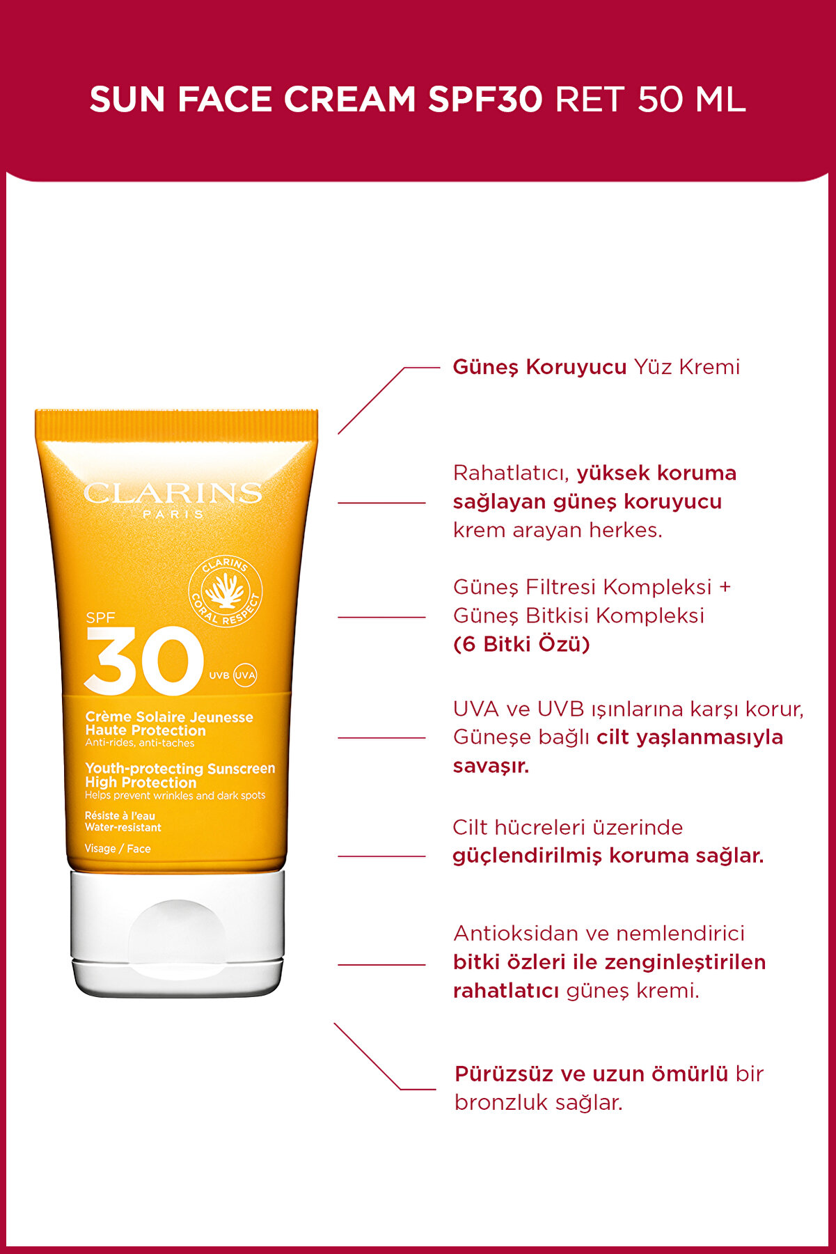 Clarins SUN FACE CREAM SPF30 50ML - Yüz için 30 SPF Güneş Kremi Fiyatı ...