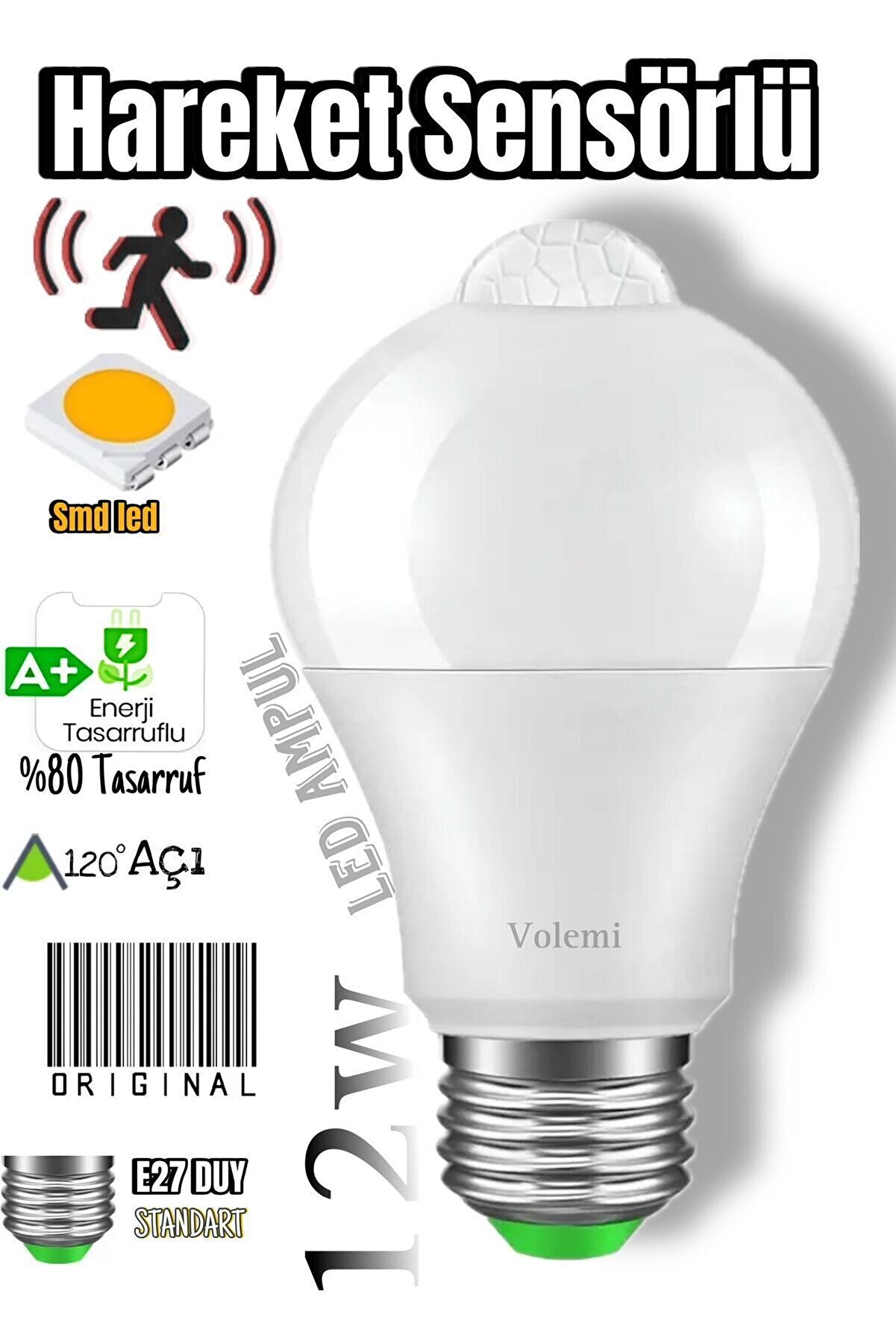 VOLEMİ Hareket Sensörlü Hareket Algılayıcılı Led Lamba E27 Duy 12w Işık ...