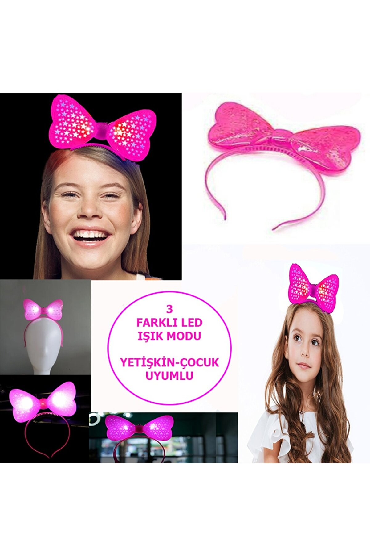 Skygo Led Işıklı & Pilli 3 Farklı Modda Yanan Yıldızlı Fiyonk Parti Tacı Pembe Renk 19x15 cm ...