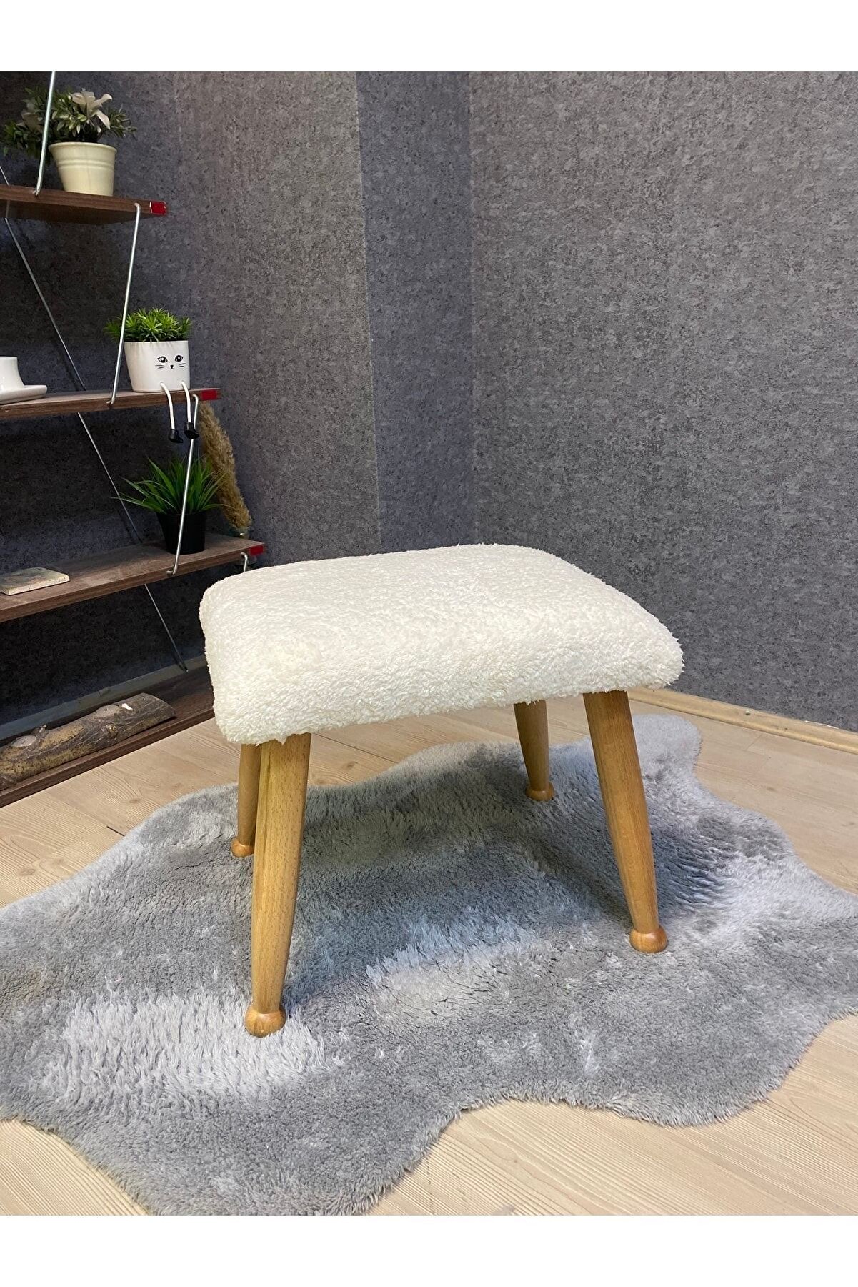 Asedia Trend Naturel Teddy Krem Ahşap Ayak Uzatma Pufu Makyaj Koltuğu Tabure Babalar Günü ...