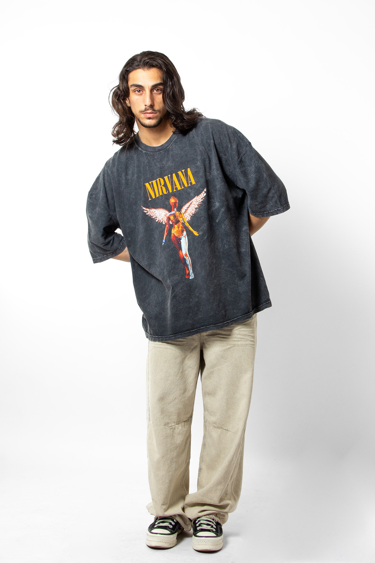 Sekizbiraltı Nirvana Angel Baskılı Oversize Unisex Yıkamalı Füme Tshirt ...