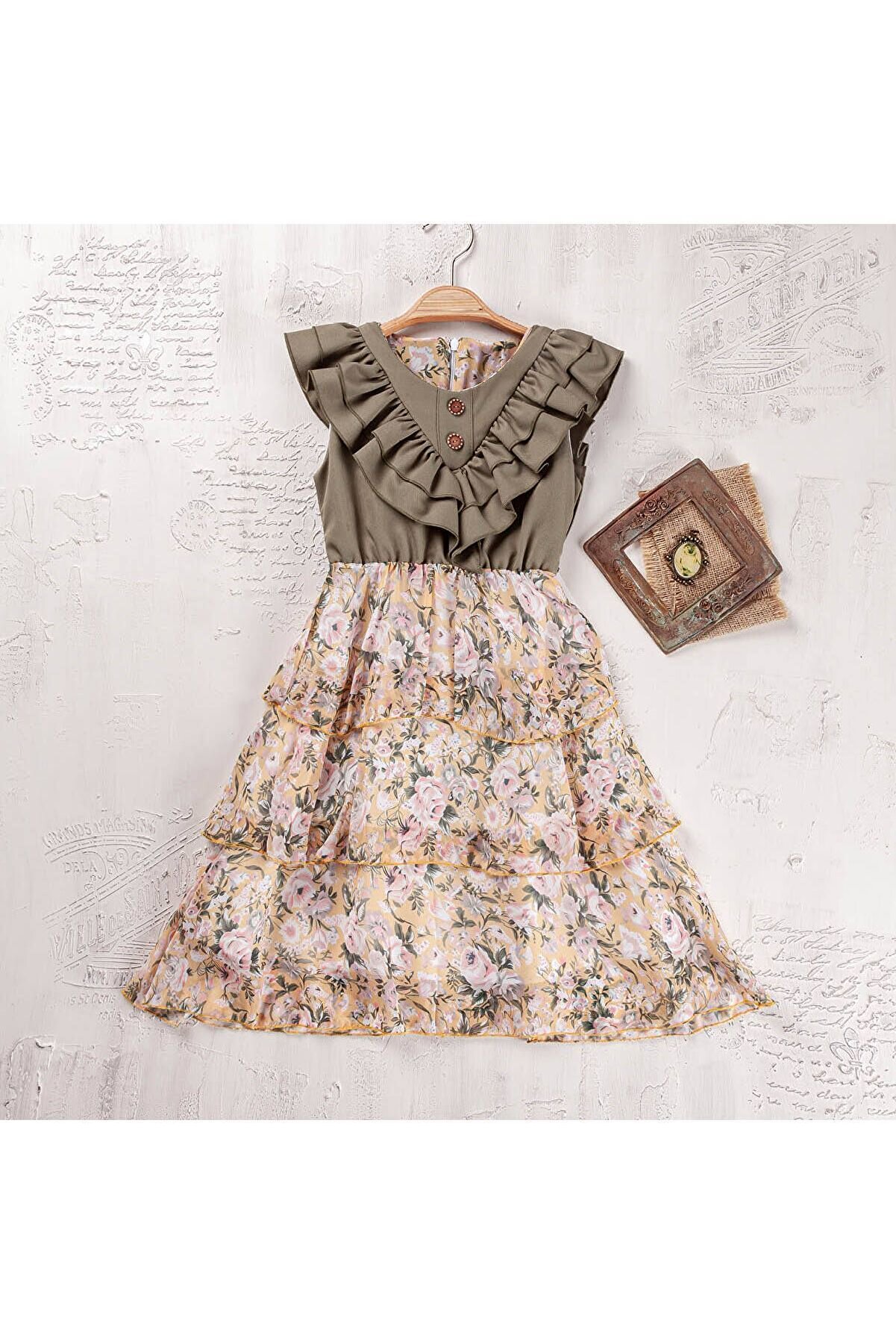 Elayza ÖNÜ FIRFIRLI ETEĞİ KAT KAT ÇİÇEK BASKILI KIZ ÇOCUK ELBİSE 2348 ...