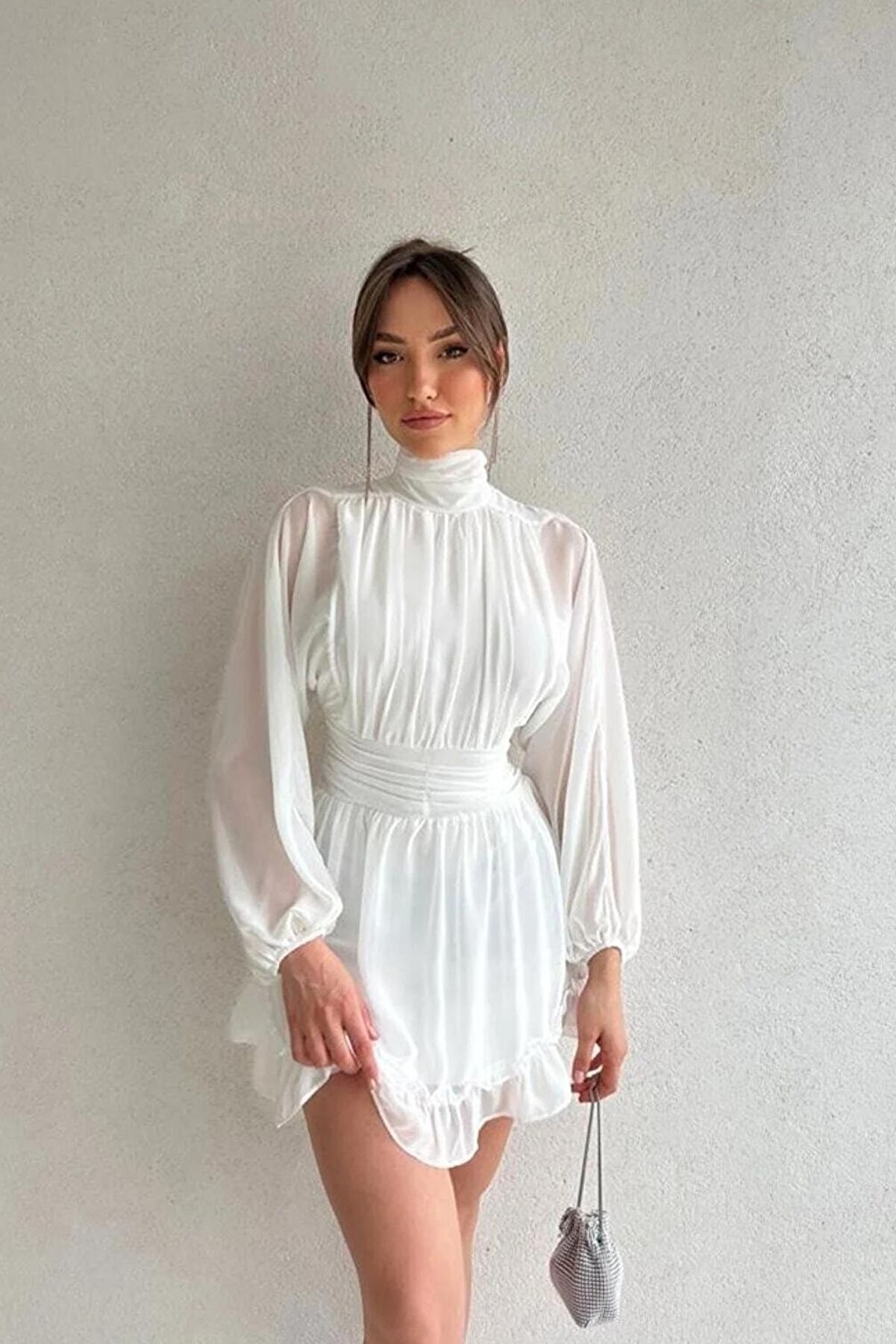 munora butik Dik Yakalı Şifon Beyaz Elbise - Fiyatı, Yorumları