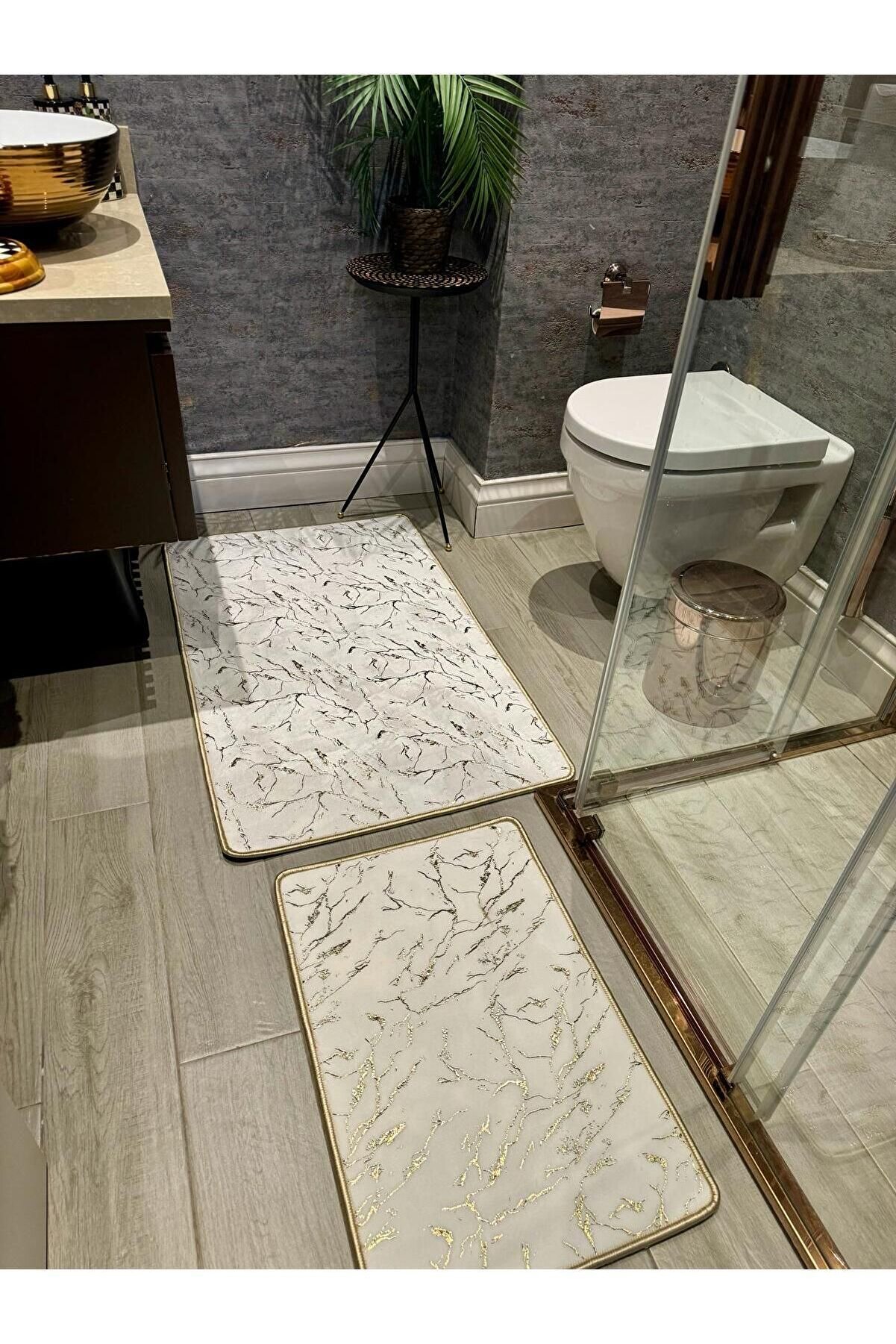 YTR HOME Simli Bambu Kaymaz Deri Taban Toz Leke Tutmaz 2li Set Klozet Banyo Paspas Takımı ...