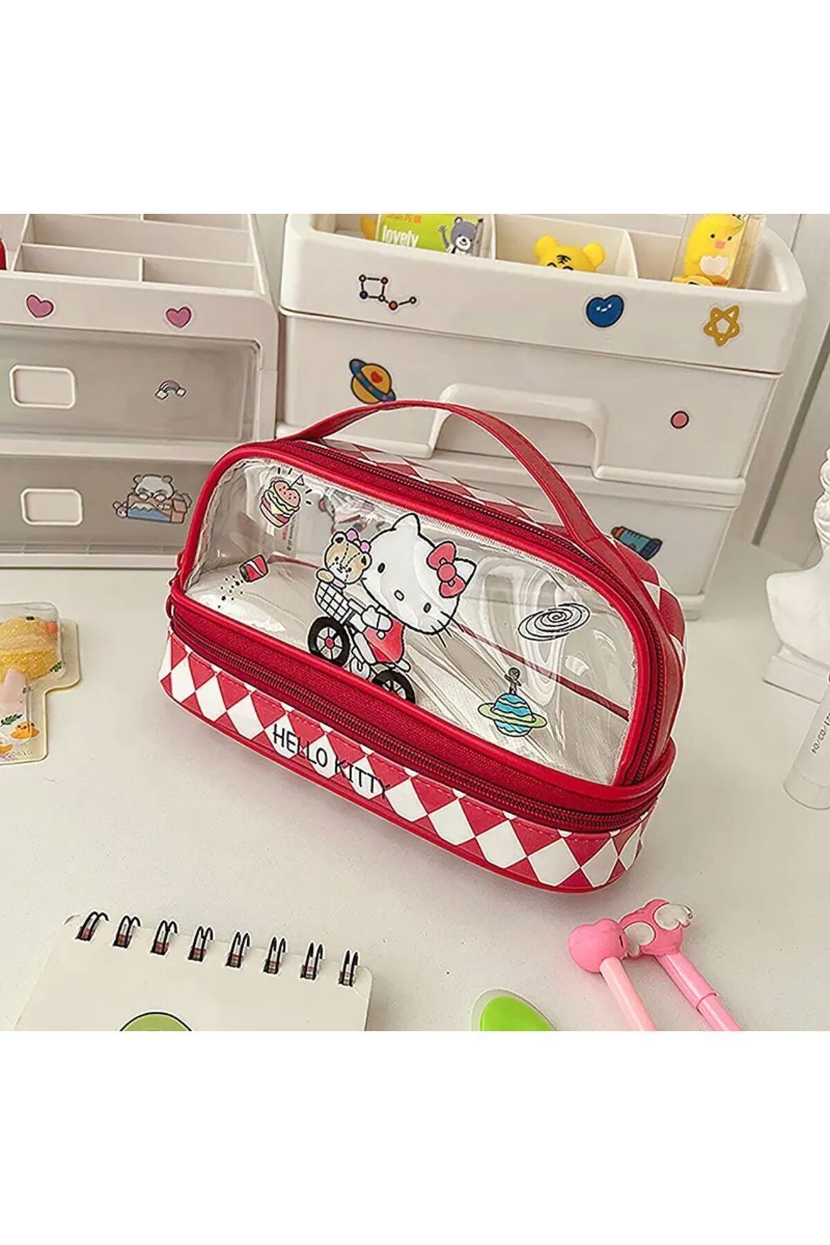 Kawaii Sanrio Hello Kitty Çift Katlı Geniş Kapasiteli Şeffaf Kalemlik