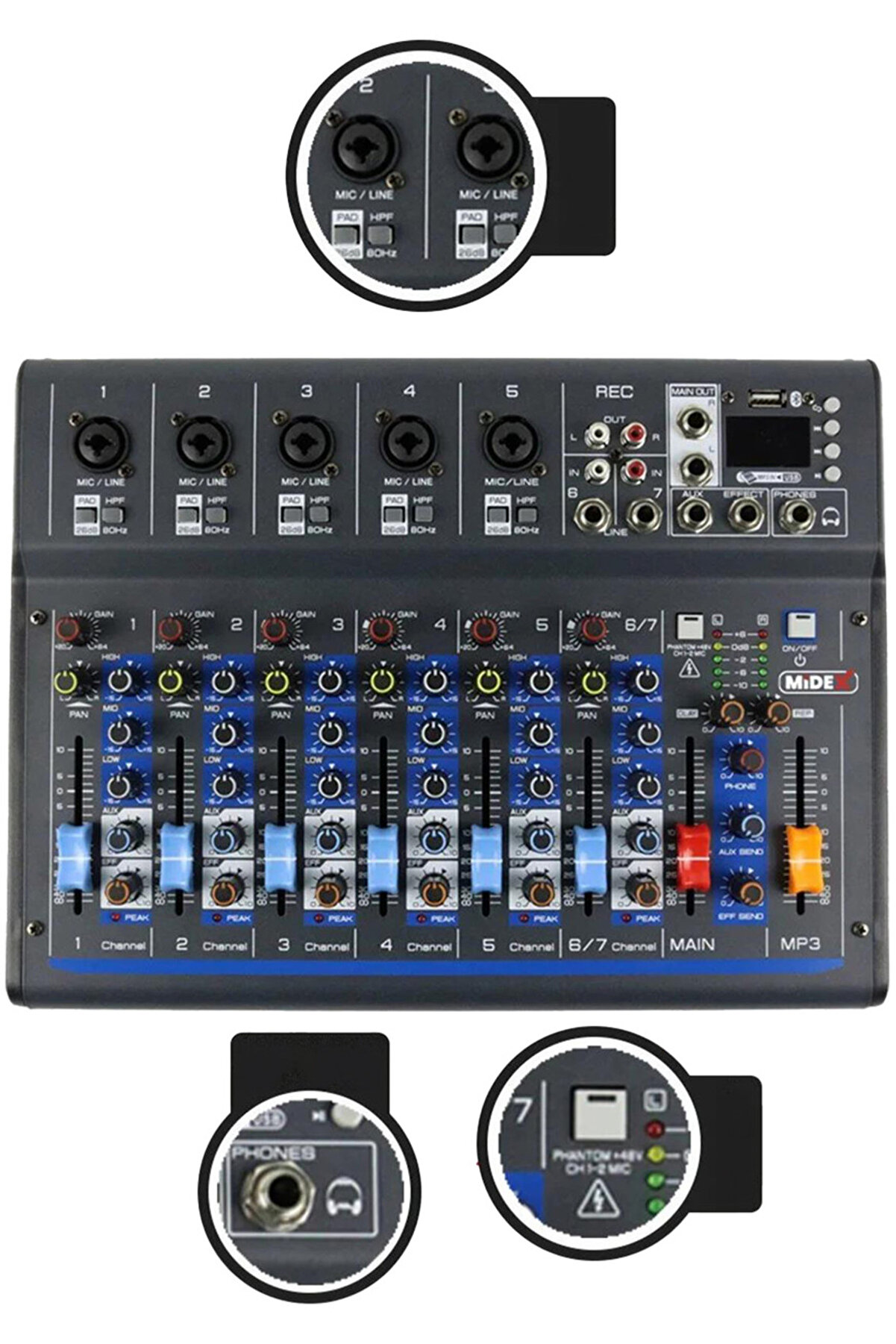 Midex Mdx-07fxu 7 Kanal Ses Mikseri Deck Mikser (kayıt bluetooth Usb ...