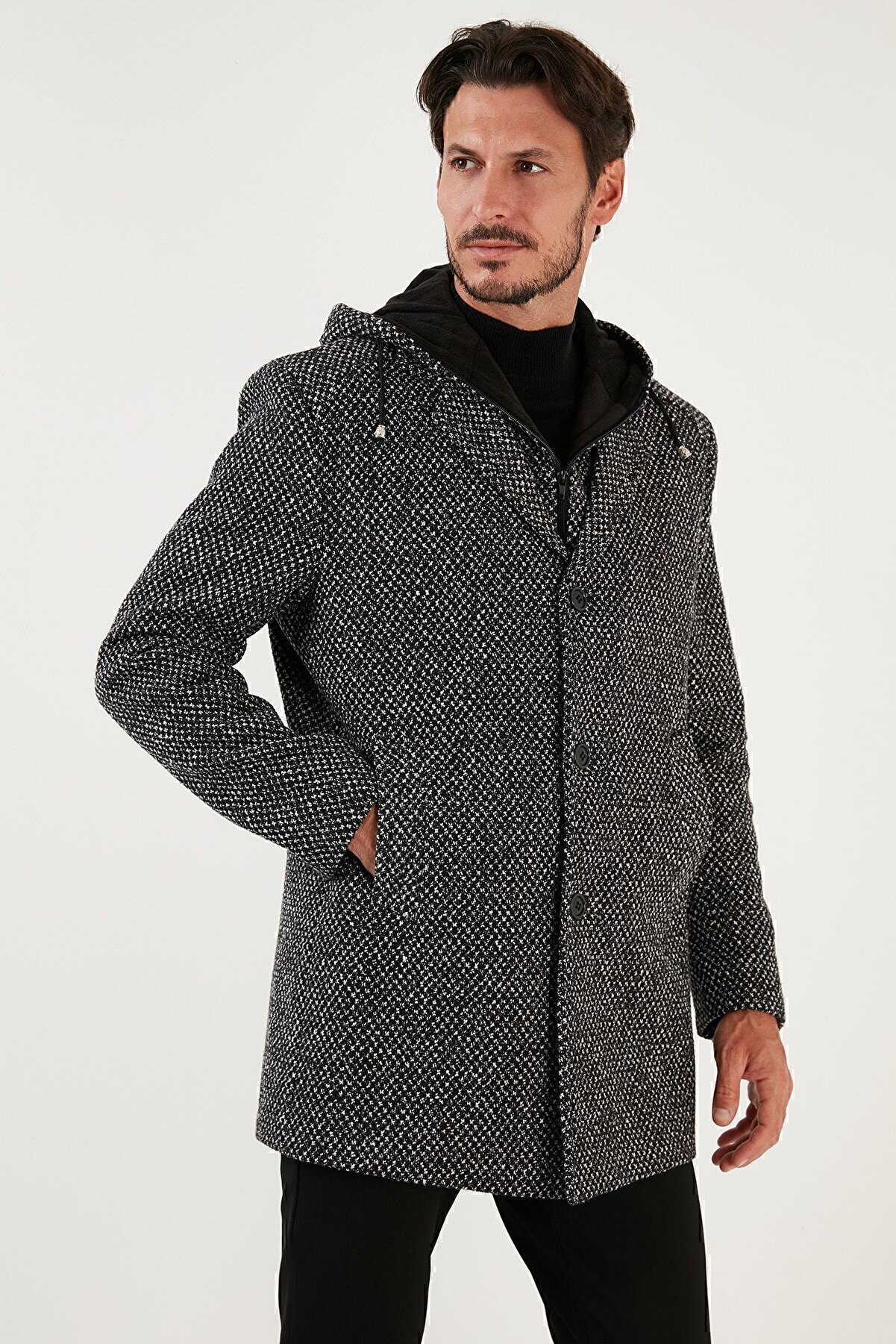 Buratti Çıkarılabilir Kapüşonlu Kırçıllı Slim Fit Kaşe Kaban Erkek ...