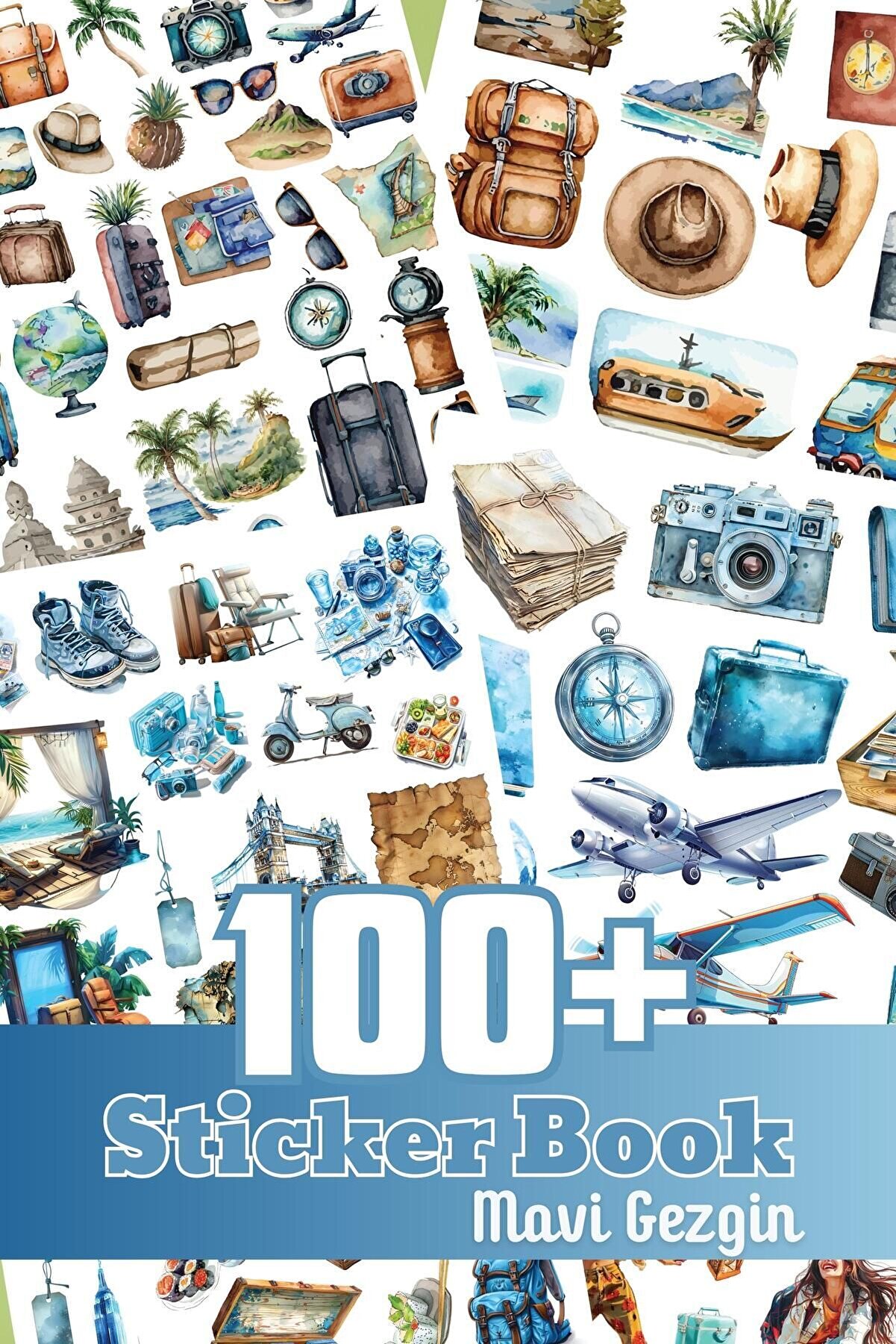 postifull Sticker Defteri, 100 Adet Büyük Boy Sticker Etiket Seti, Mavi Gezi Pul Journal Etiket ...