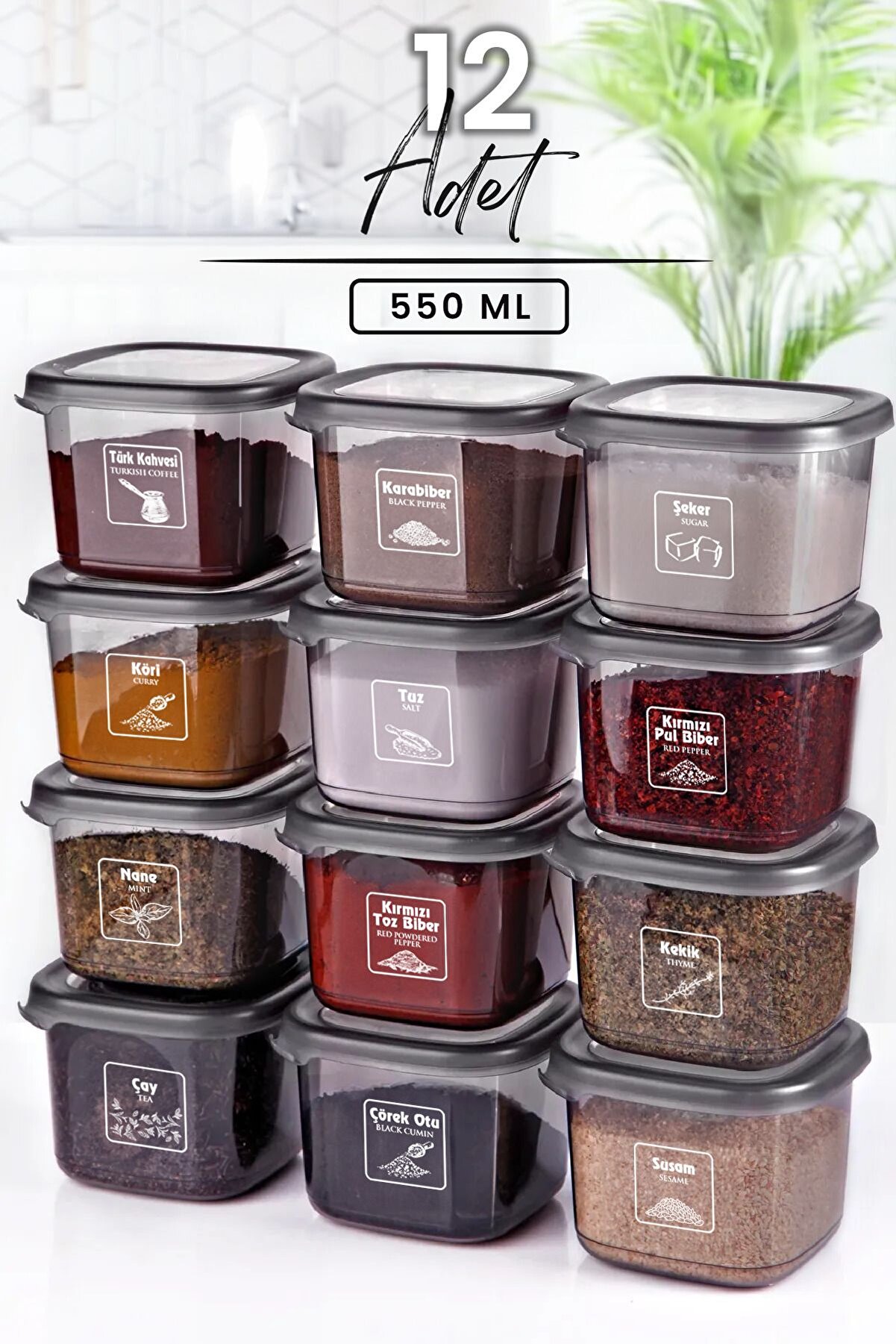 Kitchen Life 12 Adet Square Antrasit Etiketli Baharatlık Takımı -550 ml - 12 Li Kare - Fiyatı ...