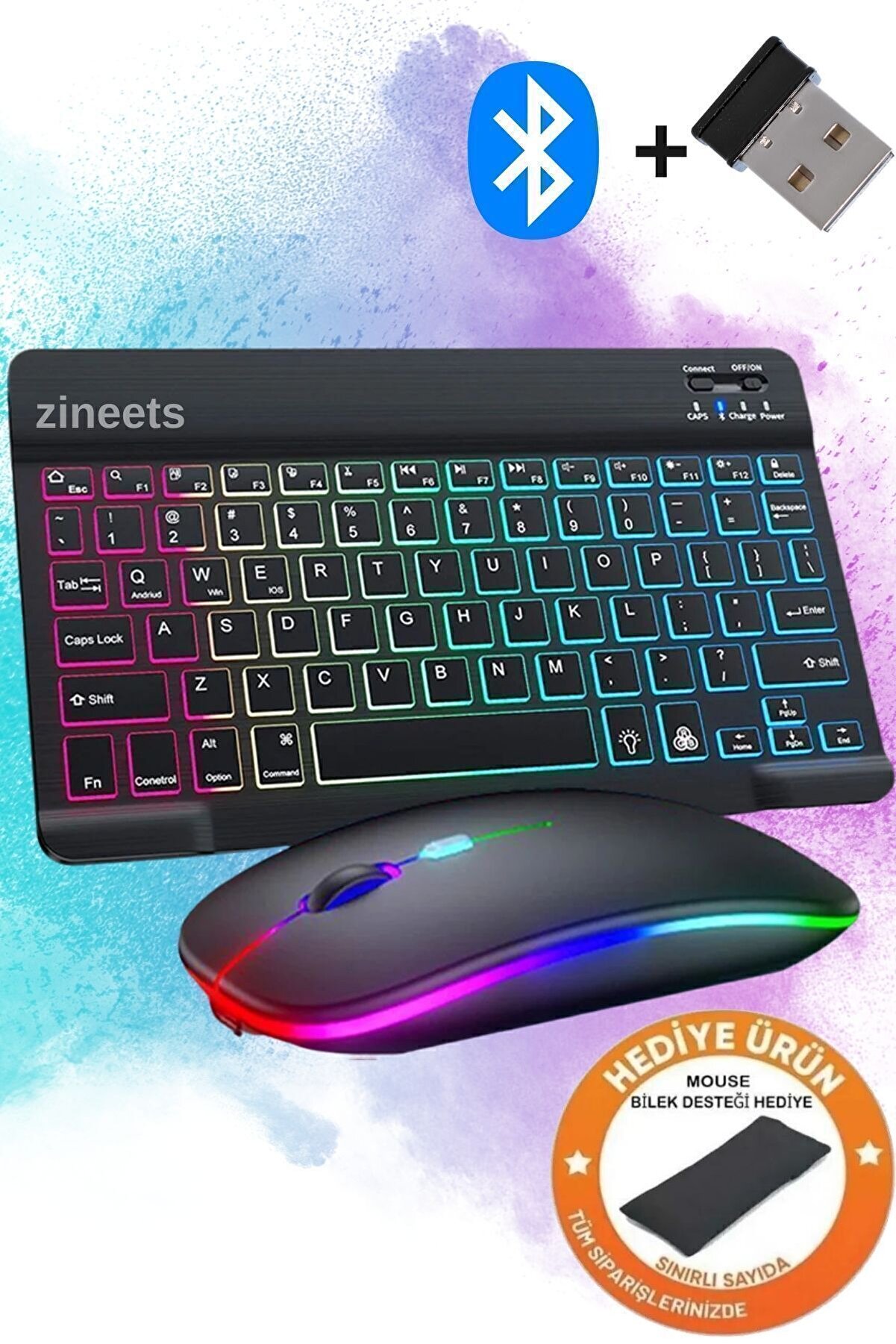 Zineets RGB Işıklı Kablosuz Bluetooth Klavye Mouse Seti Ultra Slim ...