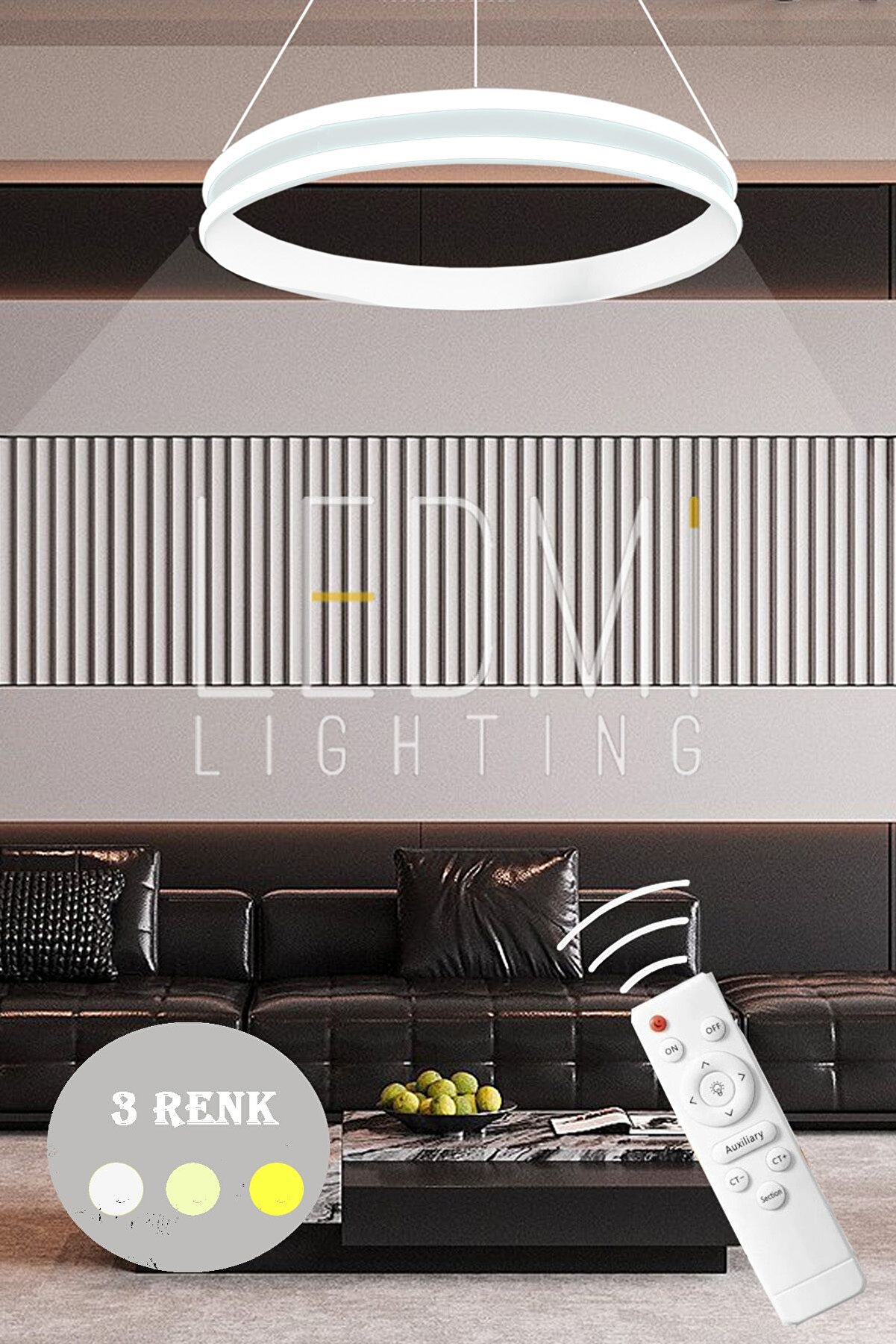 Ledmi Lighting Çiftli Led Model 50cm Yuvarlak Beyaz Led Avize, 3 Renk ...