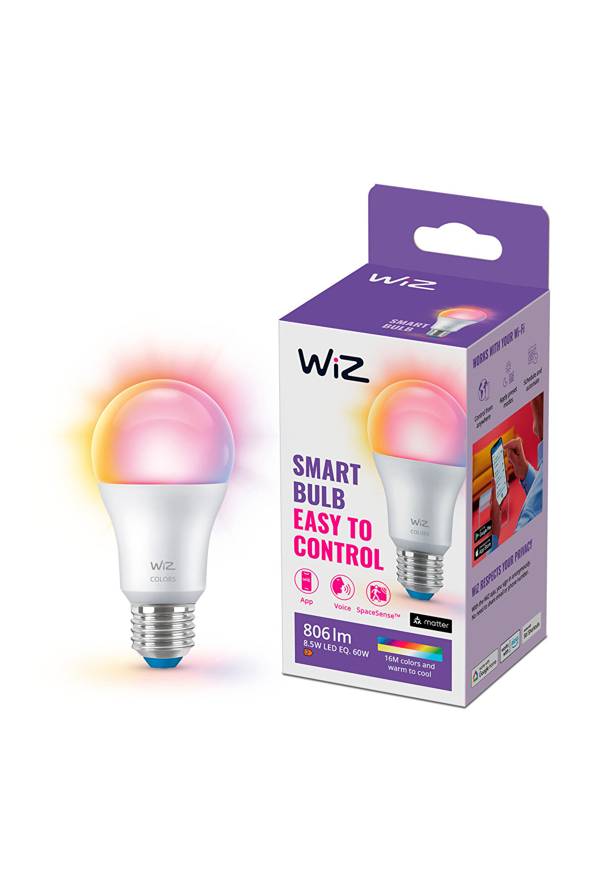 Wiz 60W Renkli Ambiyans E27 Akıllı Ampul (A60) Matter, Google Home, Alexa Uyumlu - Fiyatı, Yorumları