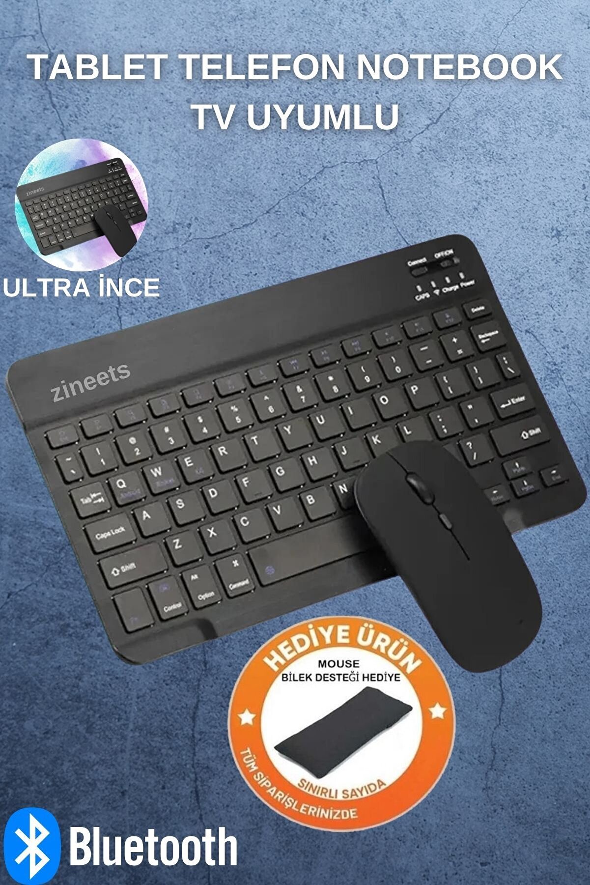 Zineets Kablosuz Şarjlı Bluetooth Klavye Mouse Seti Ultra Slim Tablet ...