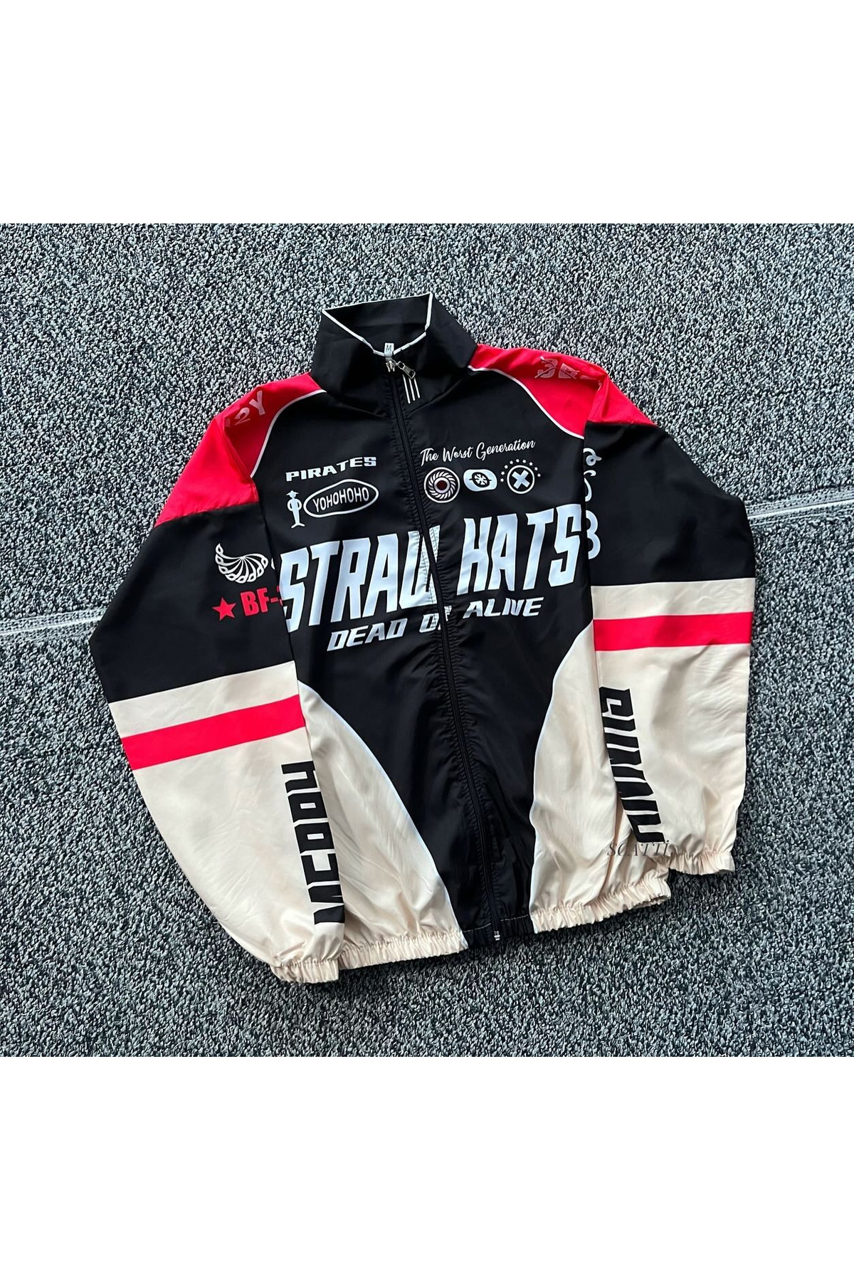 Mhm Unisex Kırmızı Paraşüt Kumaş STRAW Baskılı Oversize Tam Fermuarlı ...