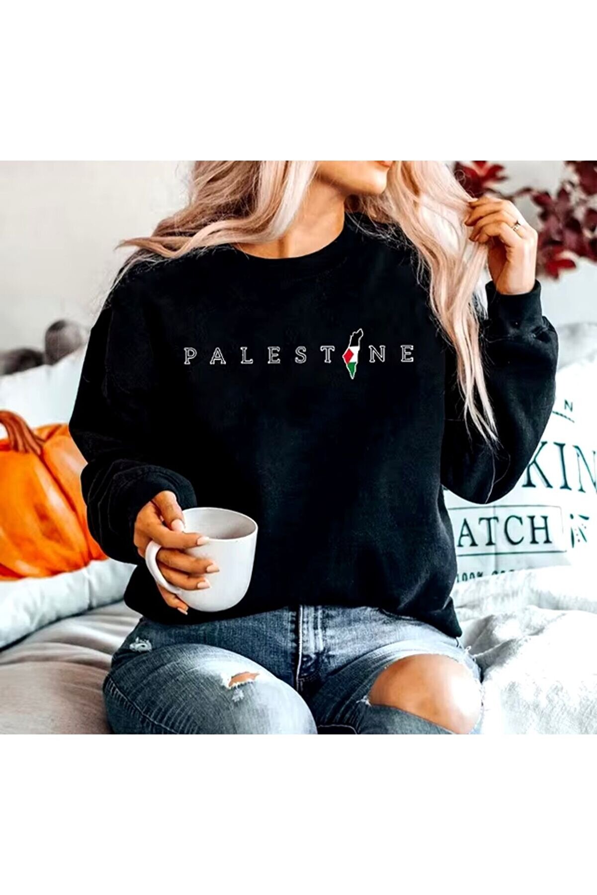 JANSO GROUP Moopi Trend-Kadın Sweatshirt filistin bayrağı kazak Baskılı ...