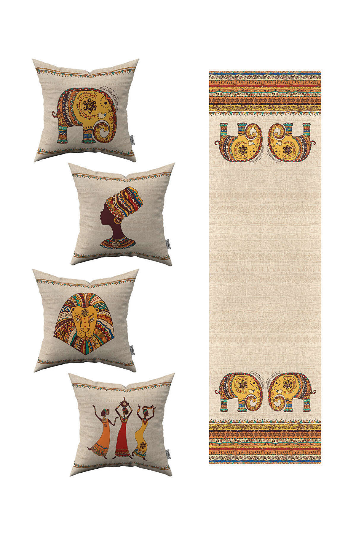 Cango Home Krem Etnik Afrika Figürlü Fil Desenli 4'lü Kırlent Kılıfı 1 Runner Seti 4kmbs304-rs ...