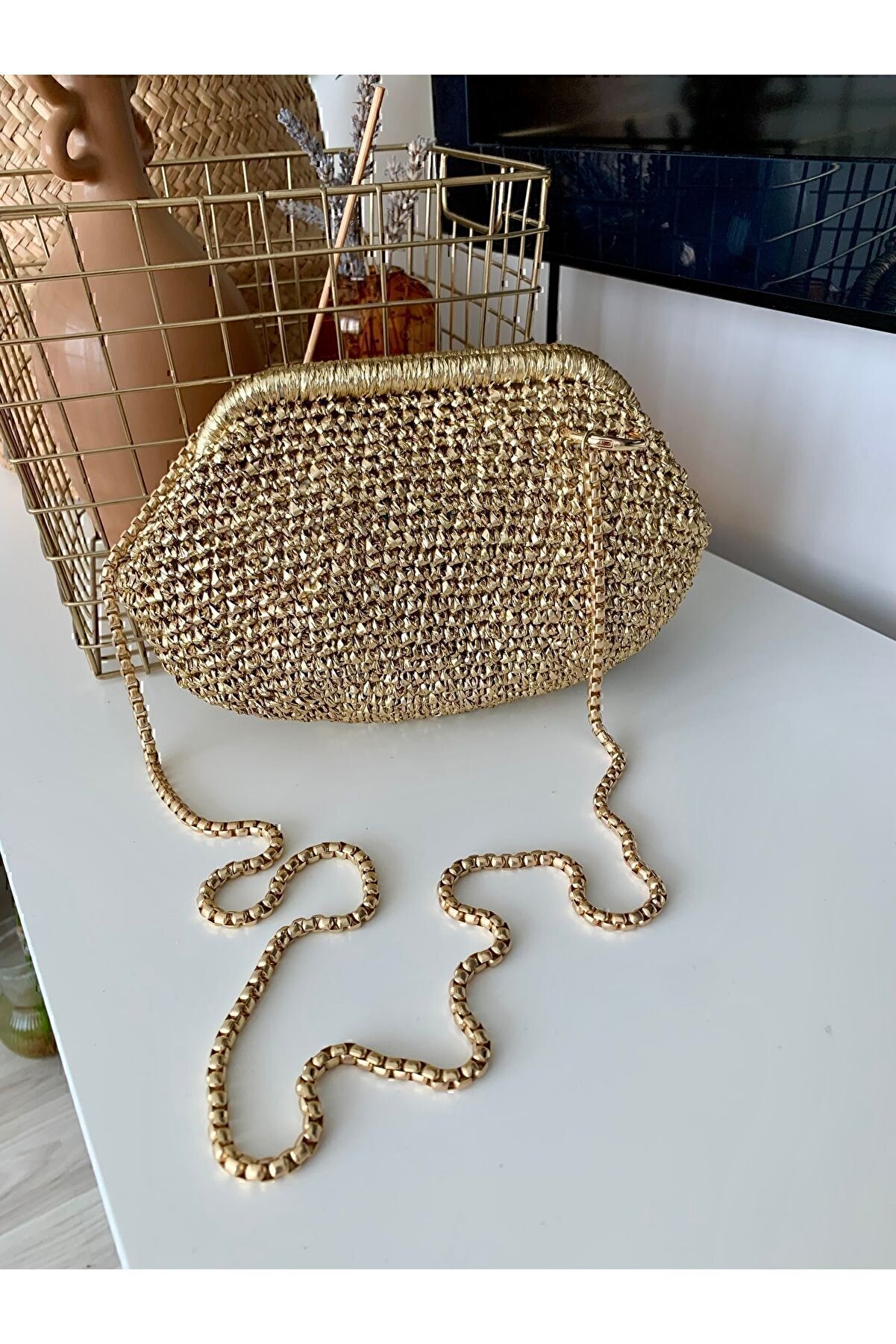 Fazeka Hasır Çanta,metalik Ipten Çanta,örgü Çanta,çapraz Çanta,gold ...