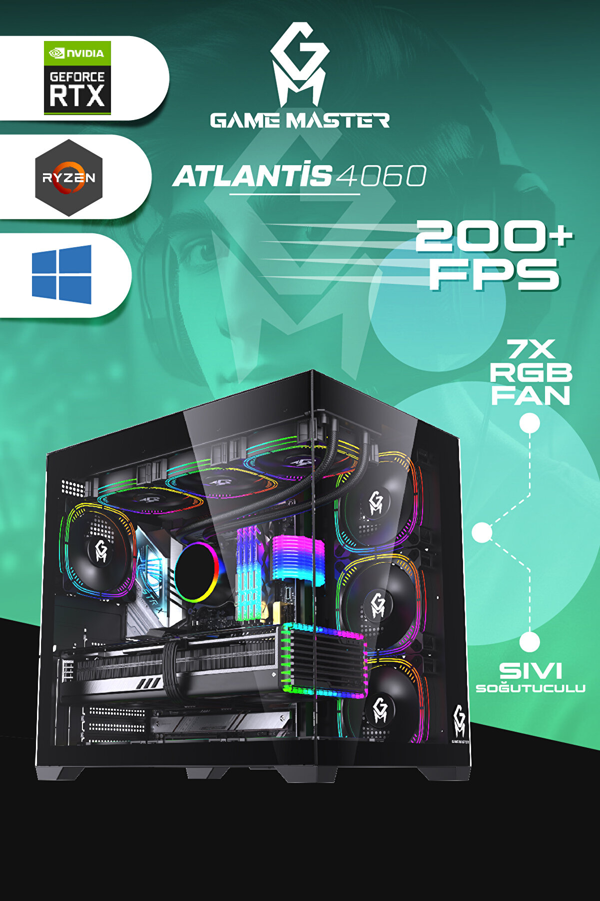 GM Game Master Atlantis 4060 Ryzen 5 5600 CPU 32GB RAM 1TB M.2 RTX4060 Sıvı Soğutuculu Akvaryum ...