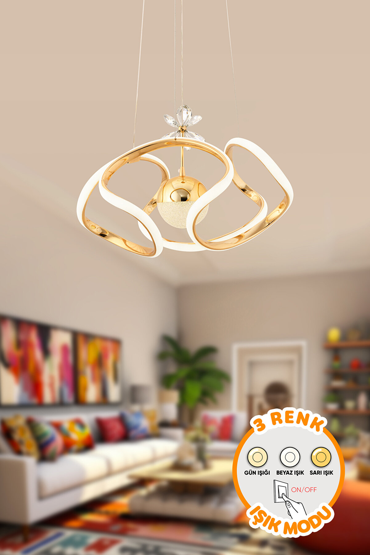 Dekorluna Simon Gold Kaplama Modern Sarkıt 3 Renk Işık Avize Salon ...