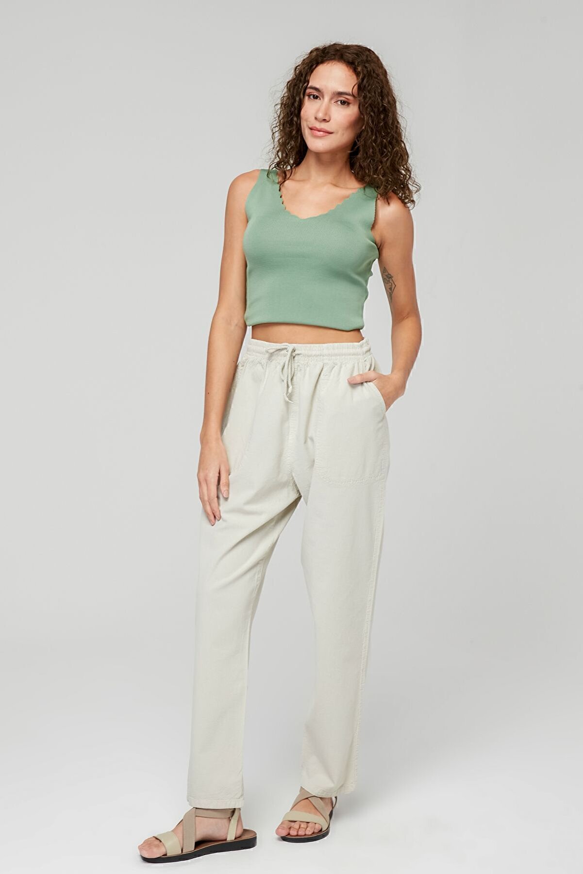 MONAHA Kadın Bej Bol Kesim Palazzo Keten Pantolon - Pamuklu, Lastikli ...