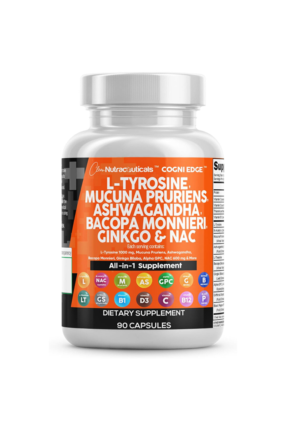 Clean Nutraceuticals , L Tyrosine Mucuna Pruriens Bacopa Monnieri Focus 5-HTP Ginkgo Biloba ...