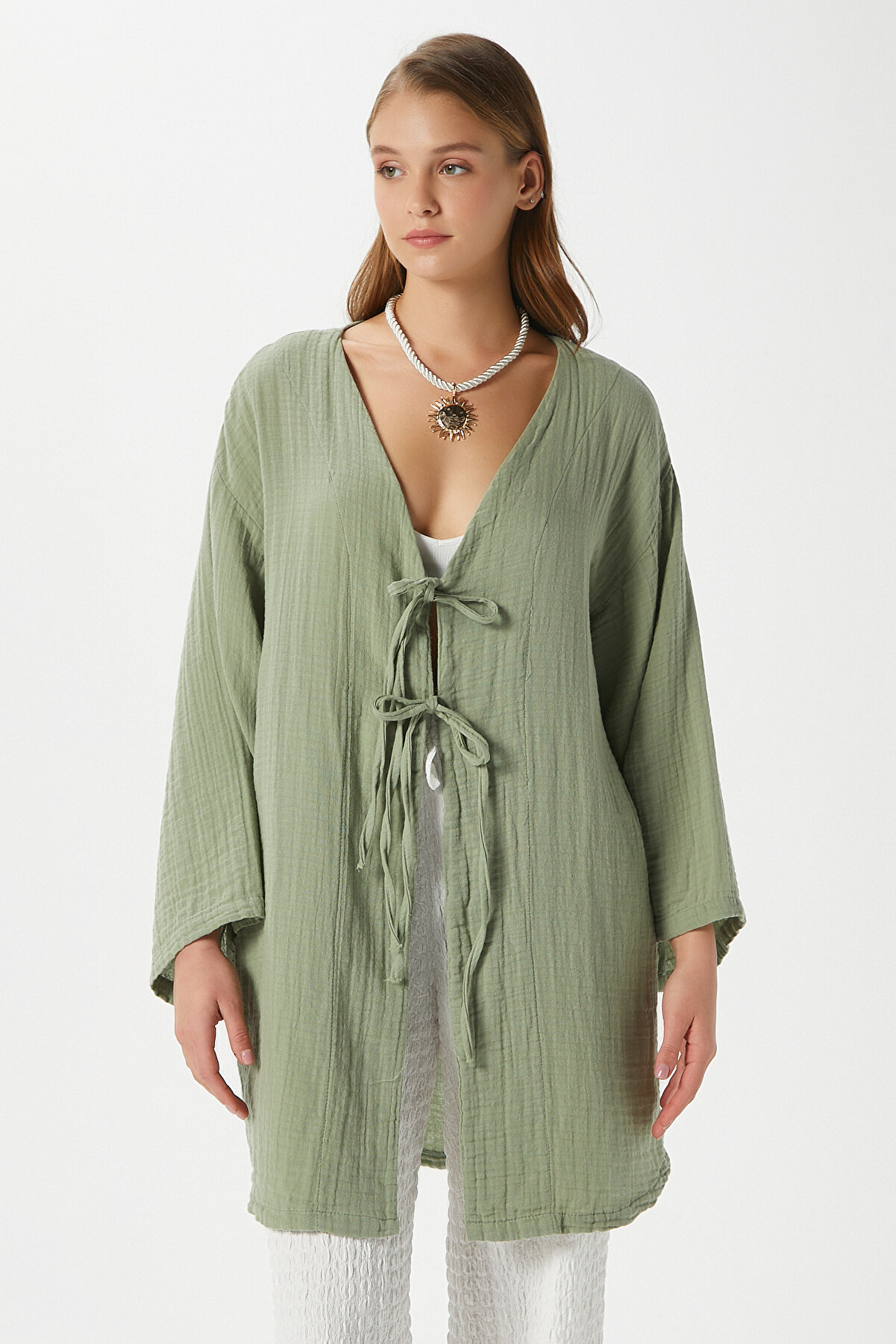 Ritnice Kadın Sandra %100 Pamuk Müslin Bağcıklı Haki Kimono - Fiyatı ...