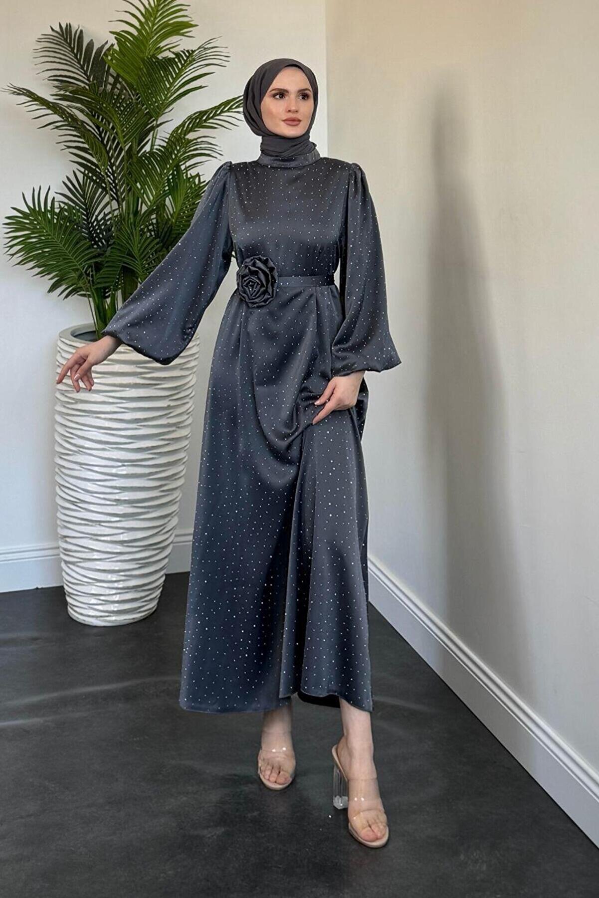 MERVEN AKYÜZ Margherita Taşlı Balon Kol Abiye Füme - Fiyatı, Yorumları