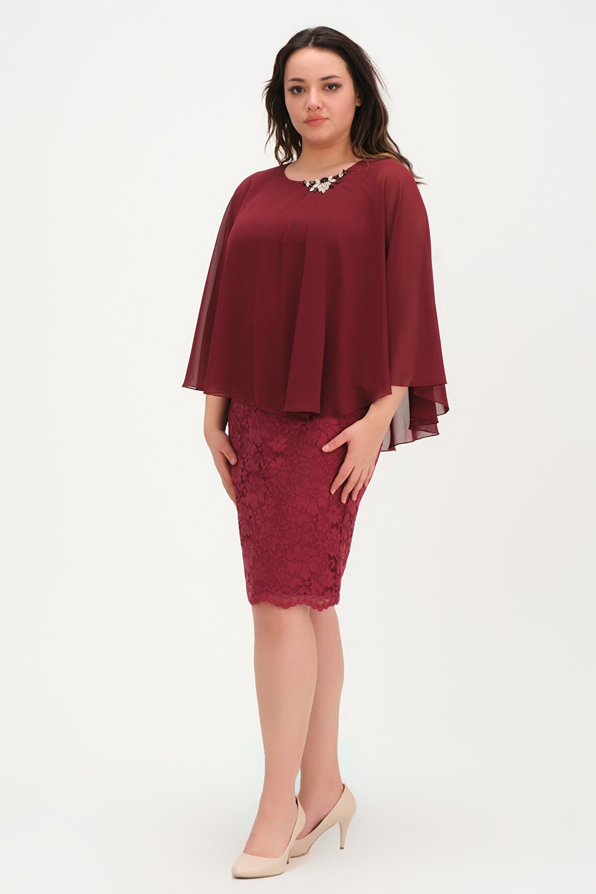 Oktay Içi Dantel Üstü Şifon Yaka Broşlu Bordo Renk Elbise Fiyatı ...