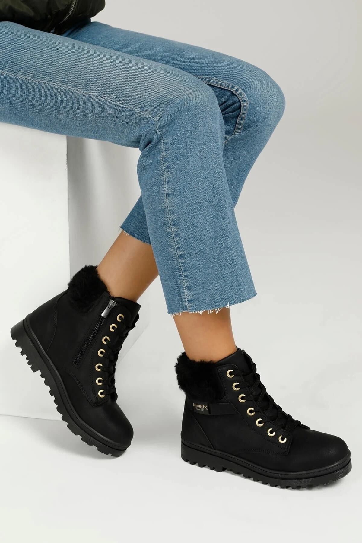 Kinetix Bayan Kürklü Fermuarlı Kaymaz Taban Micro Fiber Siyah Outdoor ...