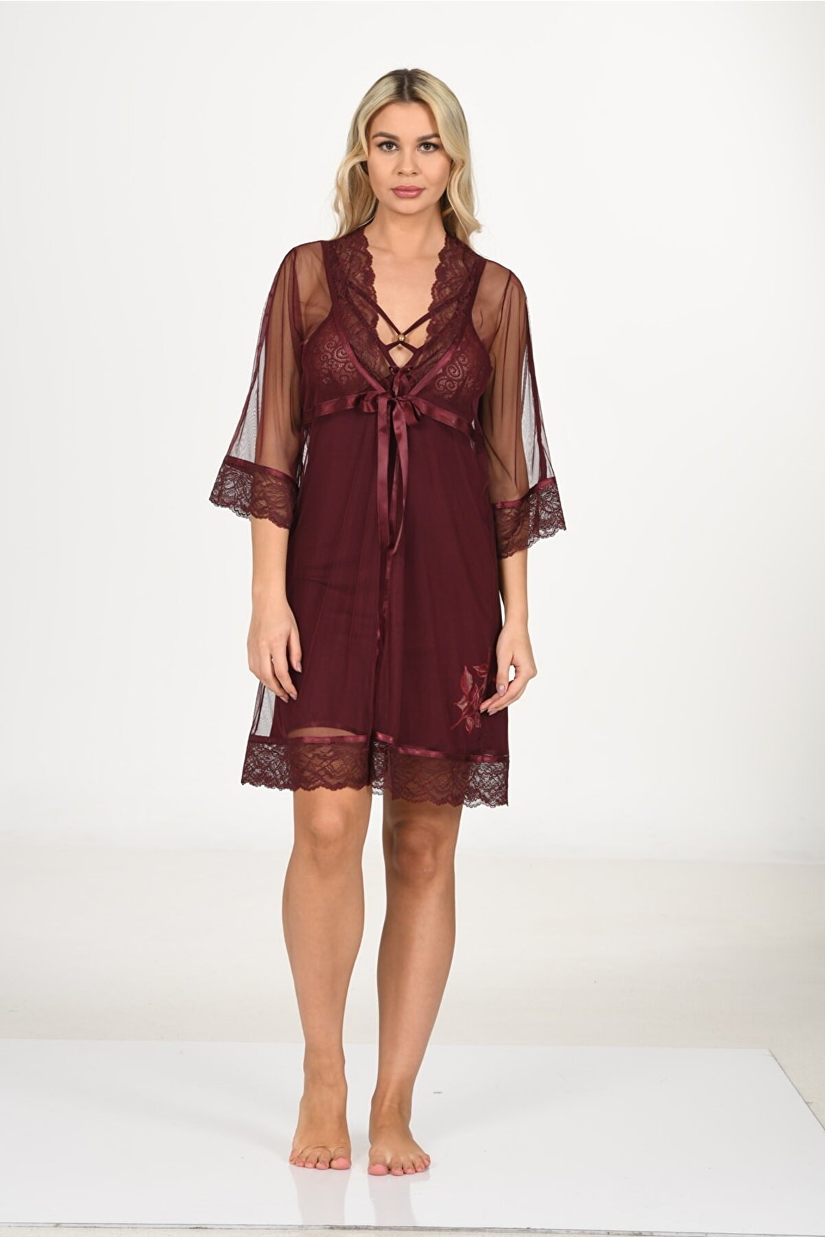 Miss Dünya Lissa Koyu Bordo Dantel Sabahlıklı 2li Gecelik Takımı - Fiyatı, Yorumları