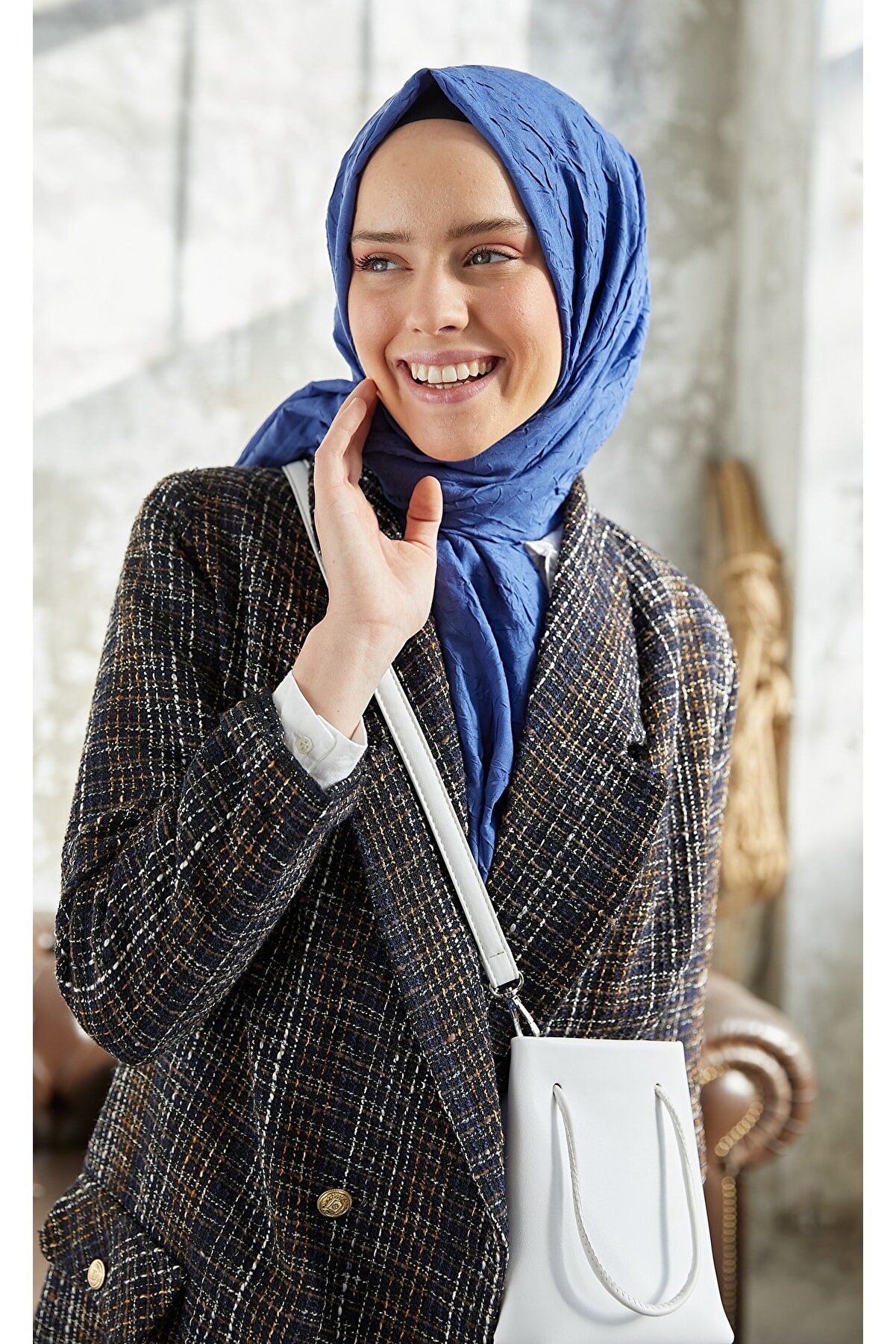 Naciye Sultan Tesettür Kadın Bambu Kraş Şal Pamuk Bürümcük Şal Indigo ...